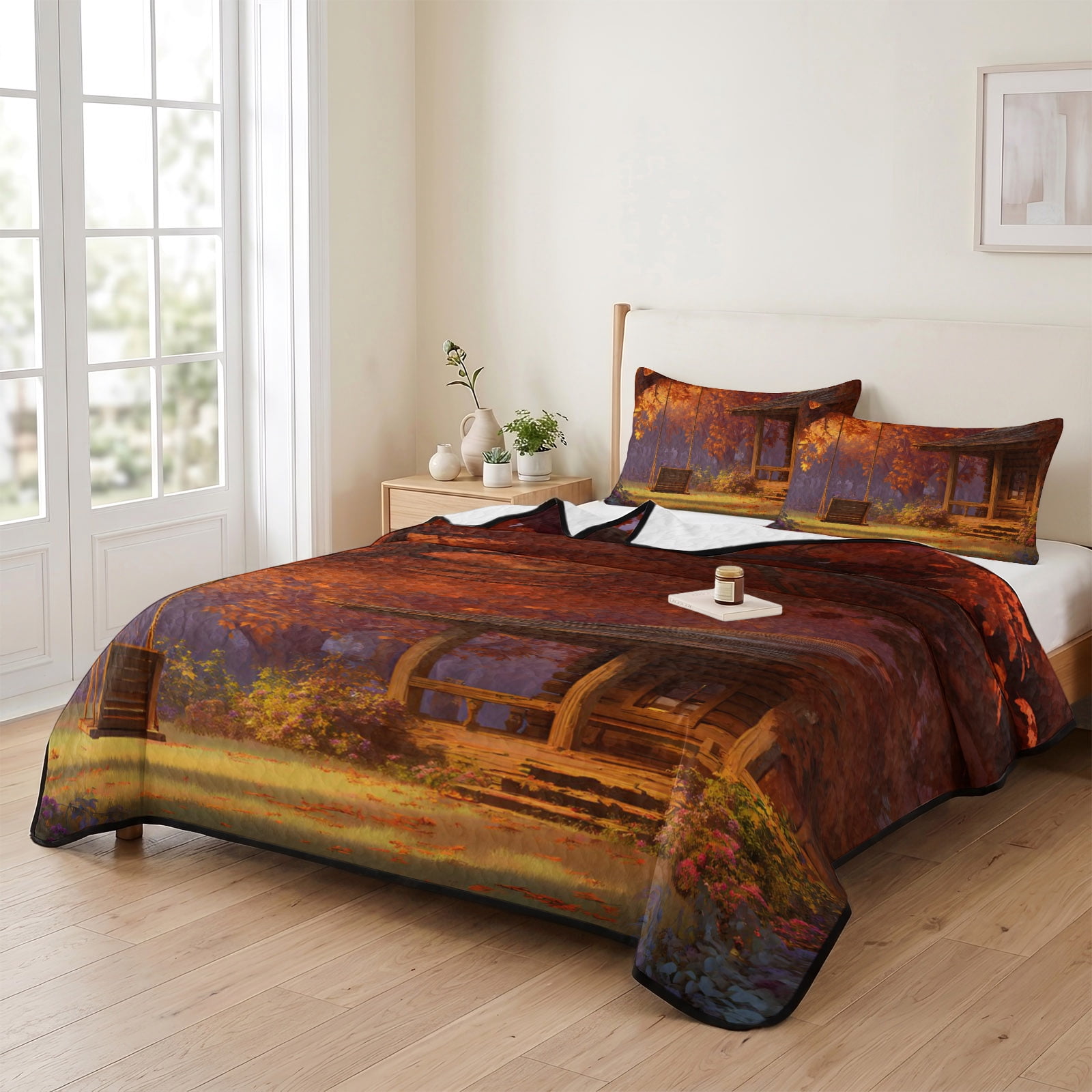 68x98in Quilt Bedding Set, Autumn Orange Maple Leaves Tree Lightweight ...