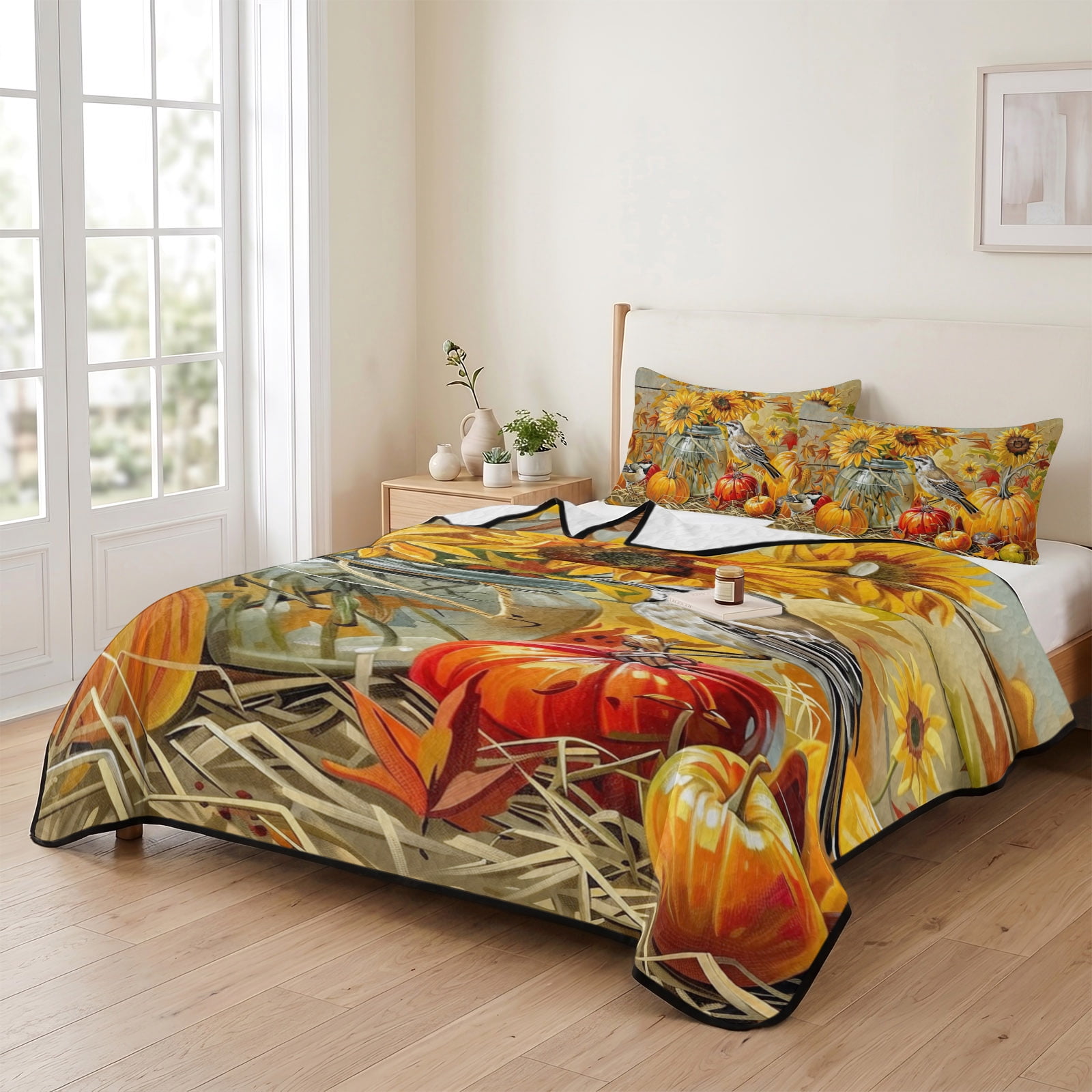 68x98in Quilt Bedding Set, Bird Pumpkin Fall Thanksgiving Pumpkin Farm ...