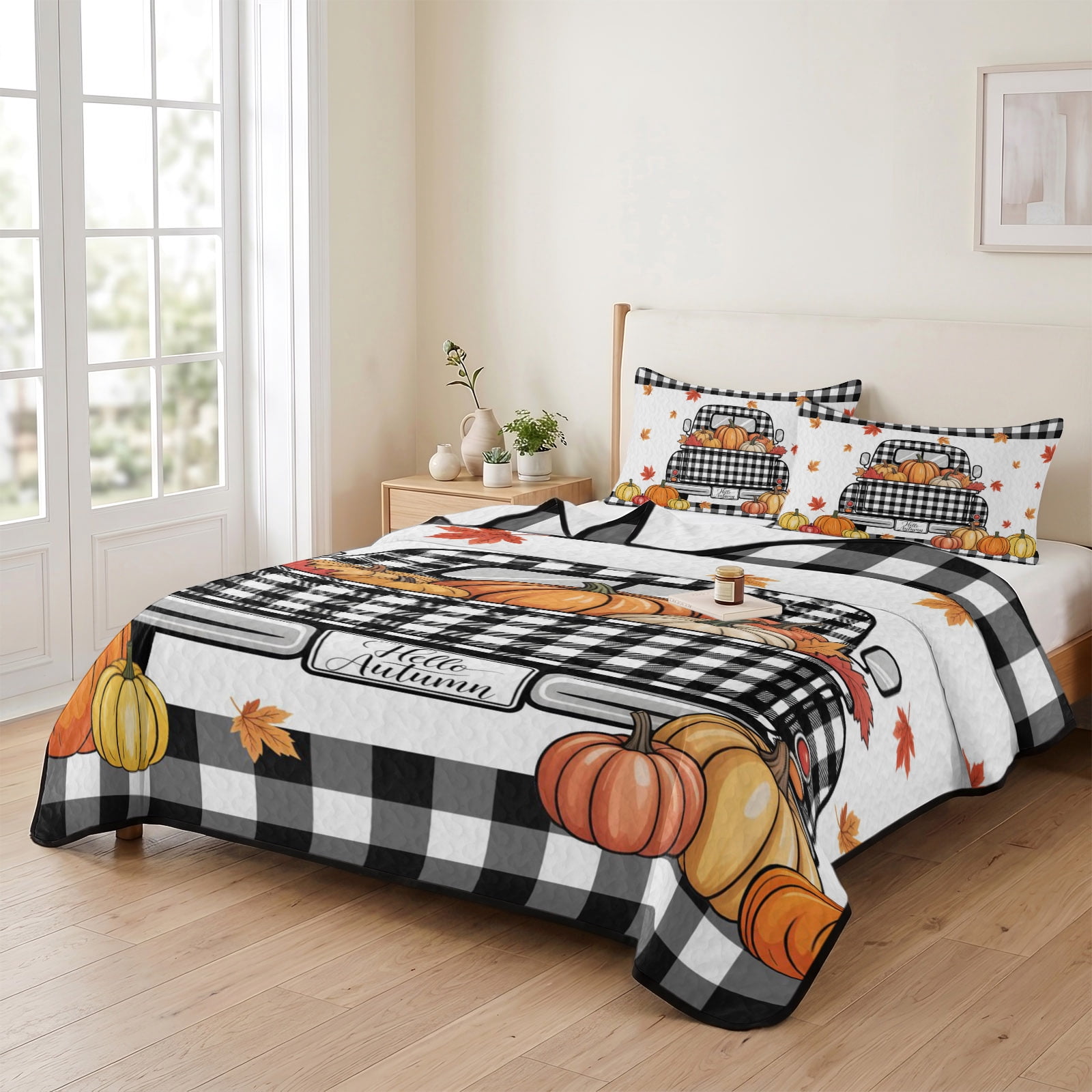 68x98in Quilt Bedding Set, Black White Checkered Farmhouse Truck ...