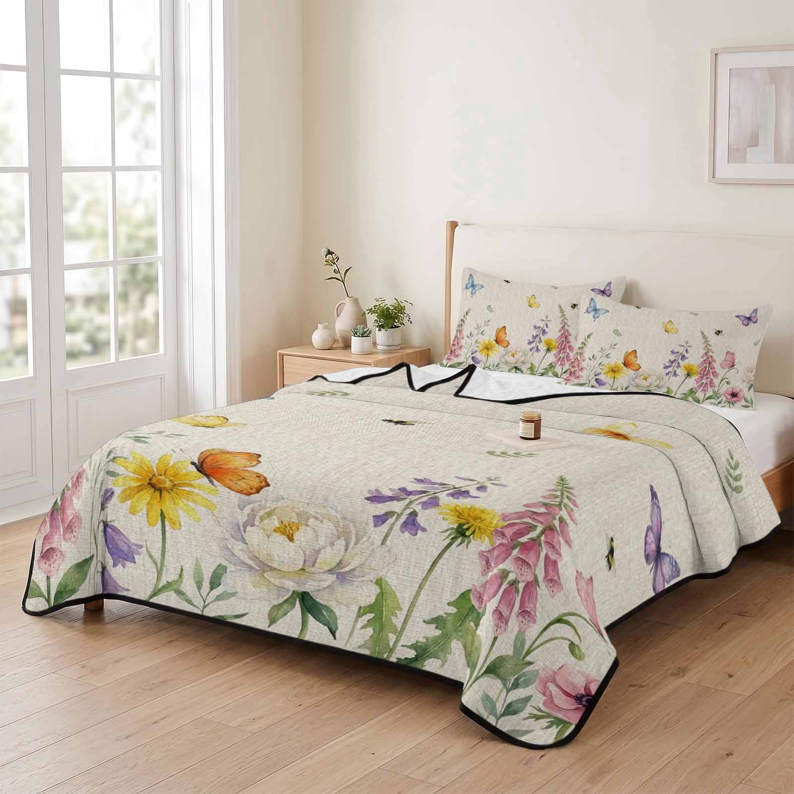 68x98in Quilt Bedding Set, Blossom Flower Butterfly Bee Lightweight ...