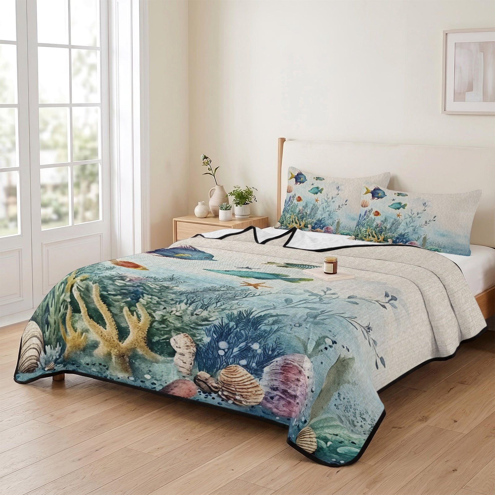 68x98in Quilt Bedding Set, Cartoon Fish Summer Ocean Coral Lightweight ...