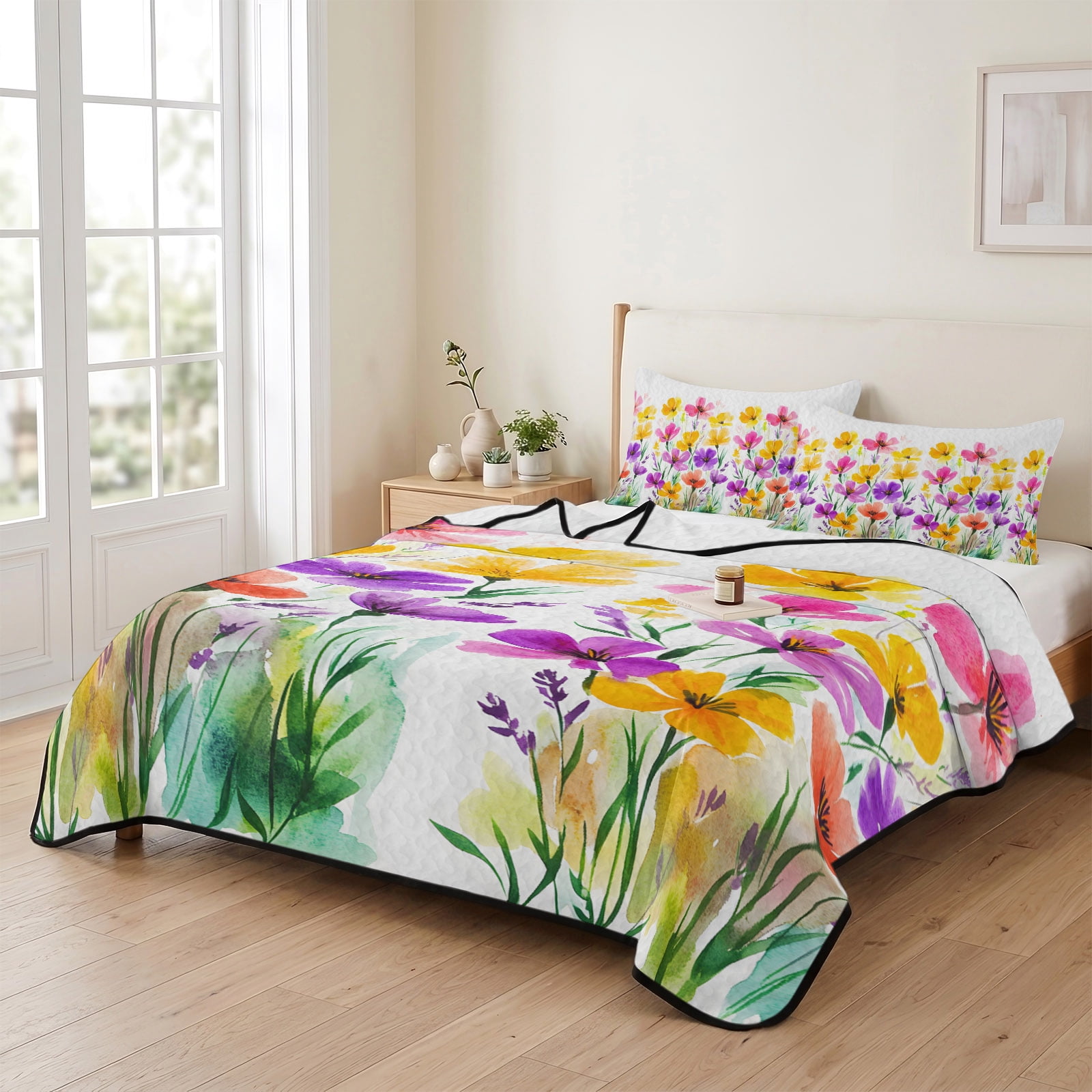 68x98in Quilt Bedding Set, Cartoon Watercolor Wild Flowers Lightweight ...