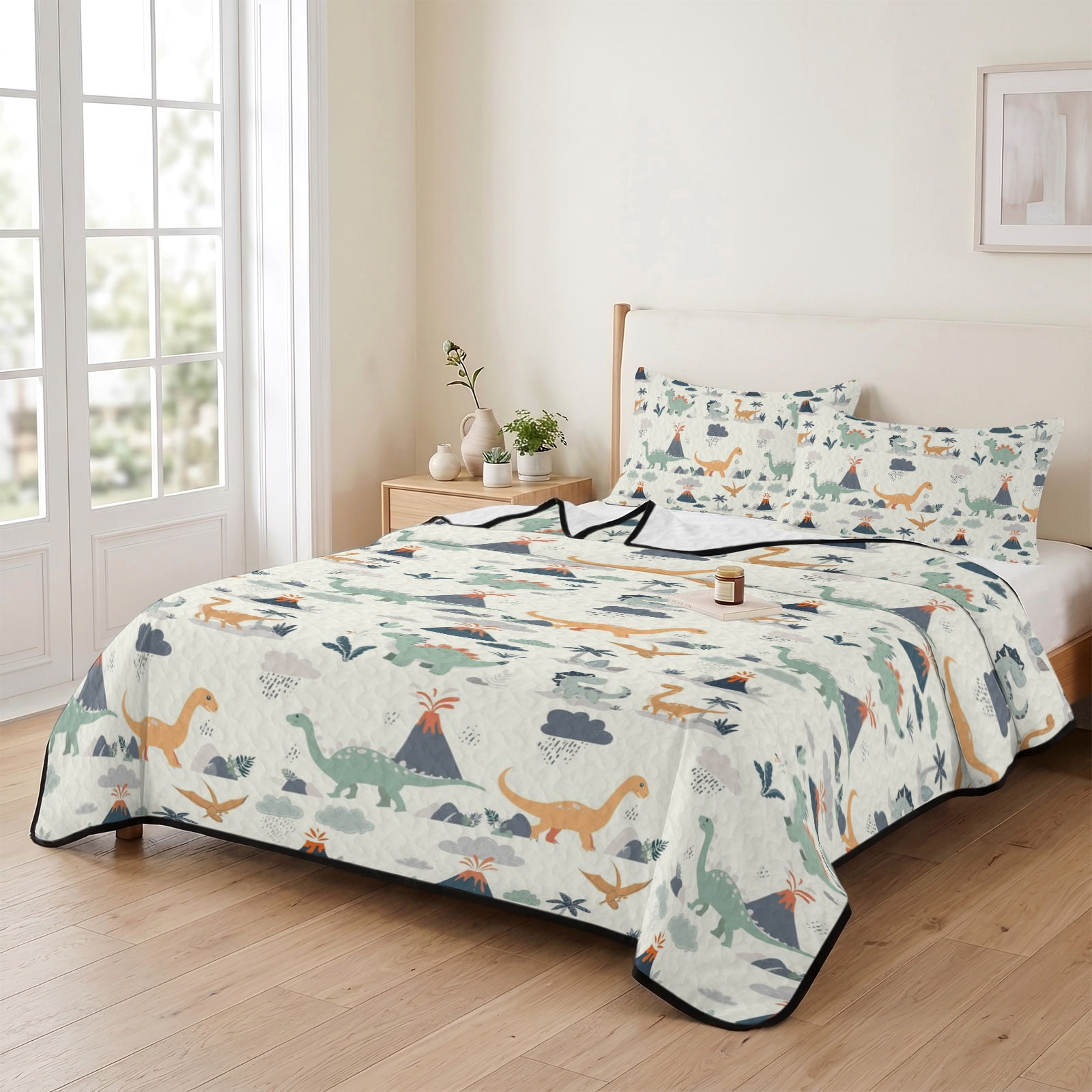 68x98in Quilt Bedding Set, Dinosaur Volcano on Light Yellow Lightweight ...