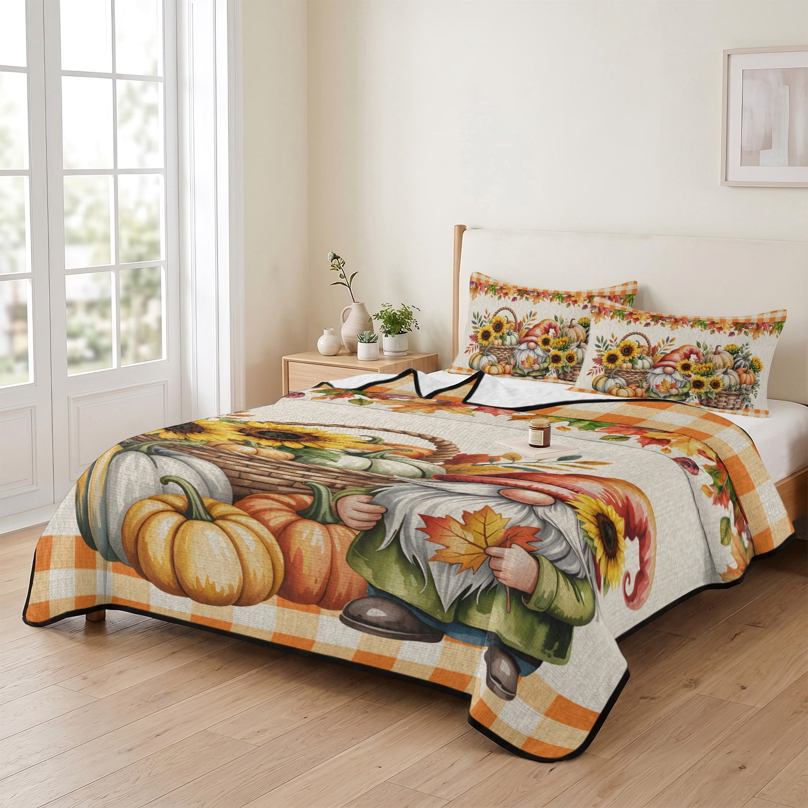 68x98in Quilt Bedding Set, Fall Farm Pumpkin Gnome Sunflower ...