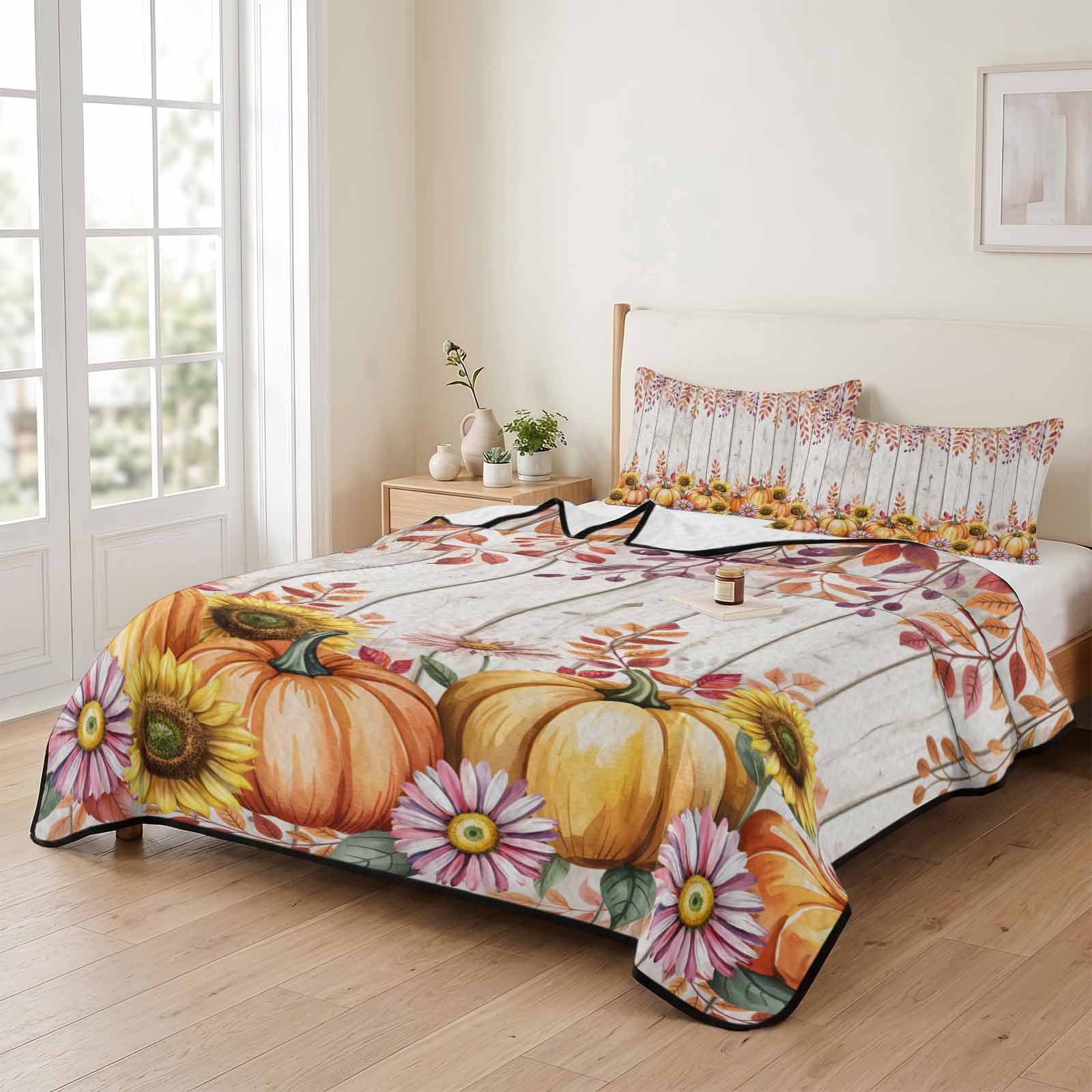 68x98in Quilt Bedding Set, Fall Thanksgiving Pumpkin Floral Lightweight ...