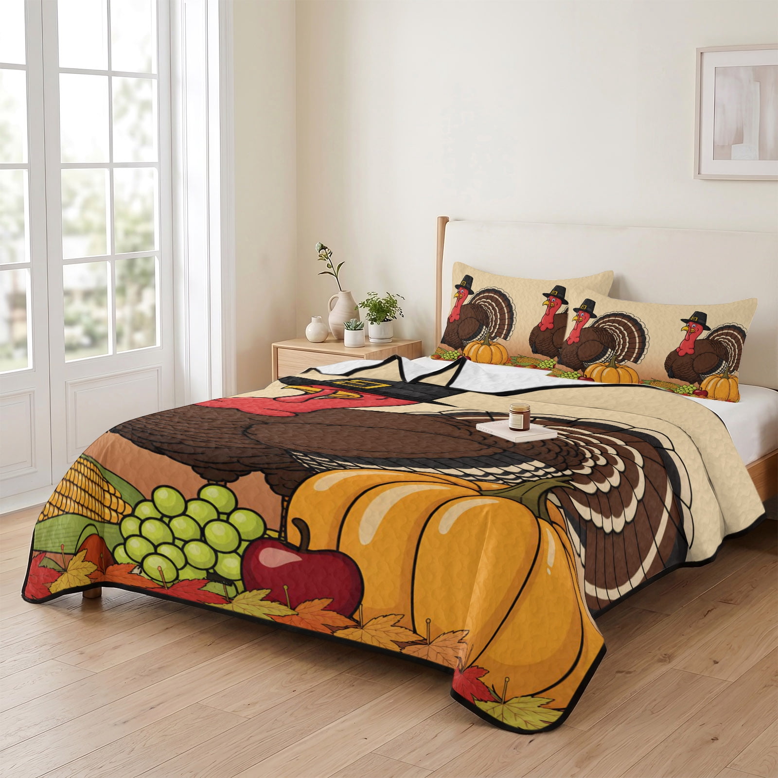 68x98in Quilt Bedding Set, Fall Thanksgiving Turkey Corn Maple Leaf ...