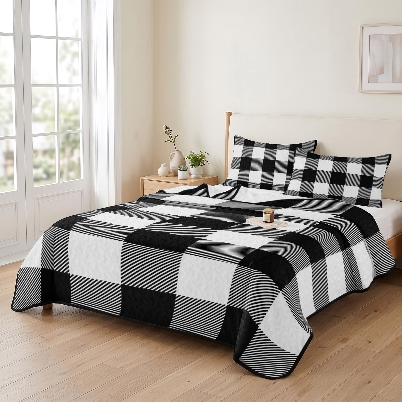 68x98in Quilt Bedding Set, Farm Buffalo Plaid Lightweight Coverlet ...