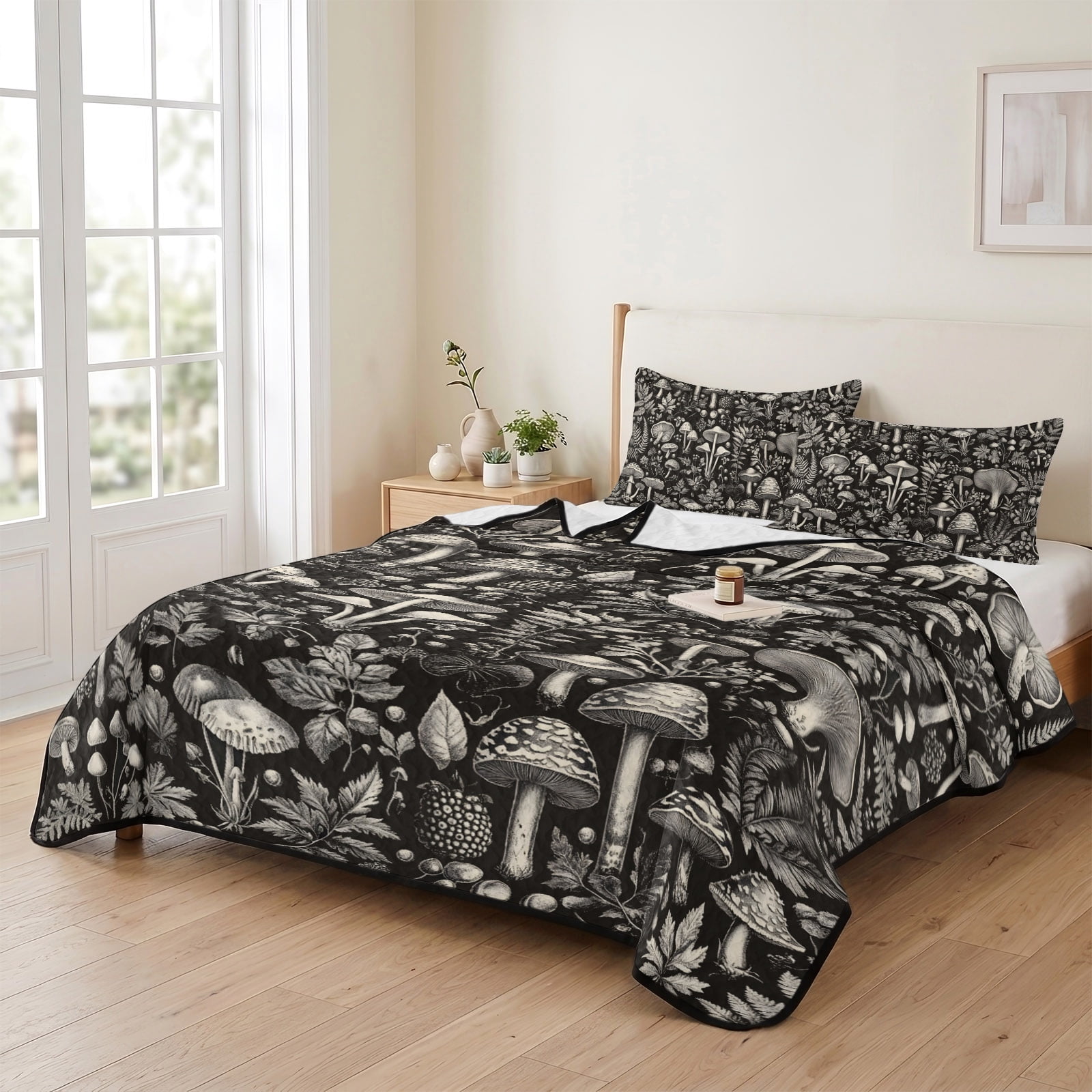 68x98in Quilt Bedding Set, Idyllic Abstract Mushroom on Vintage ...