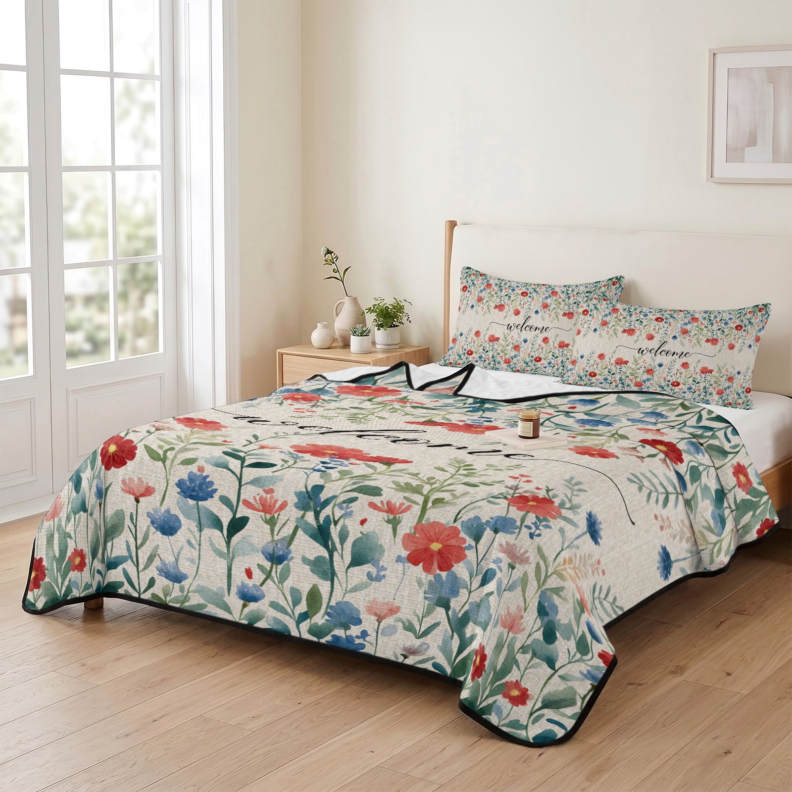 68x98in Quilt Bedding Set, Independence Day Blue Red Floral Lightweight ...