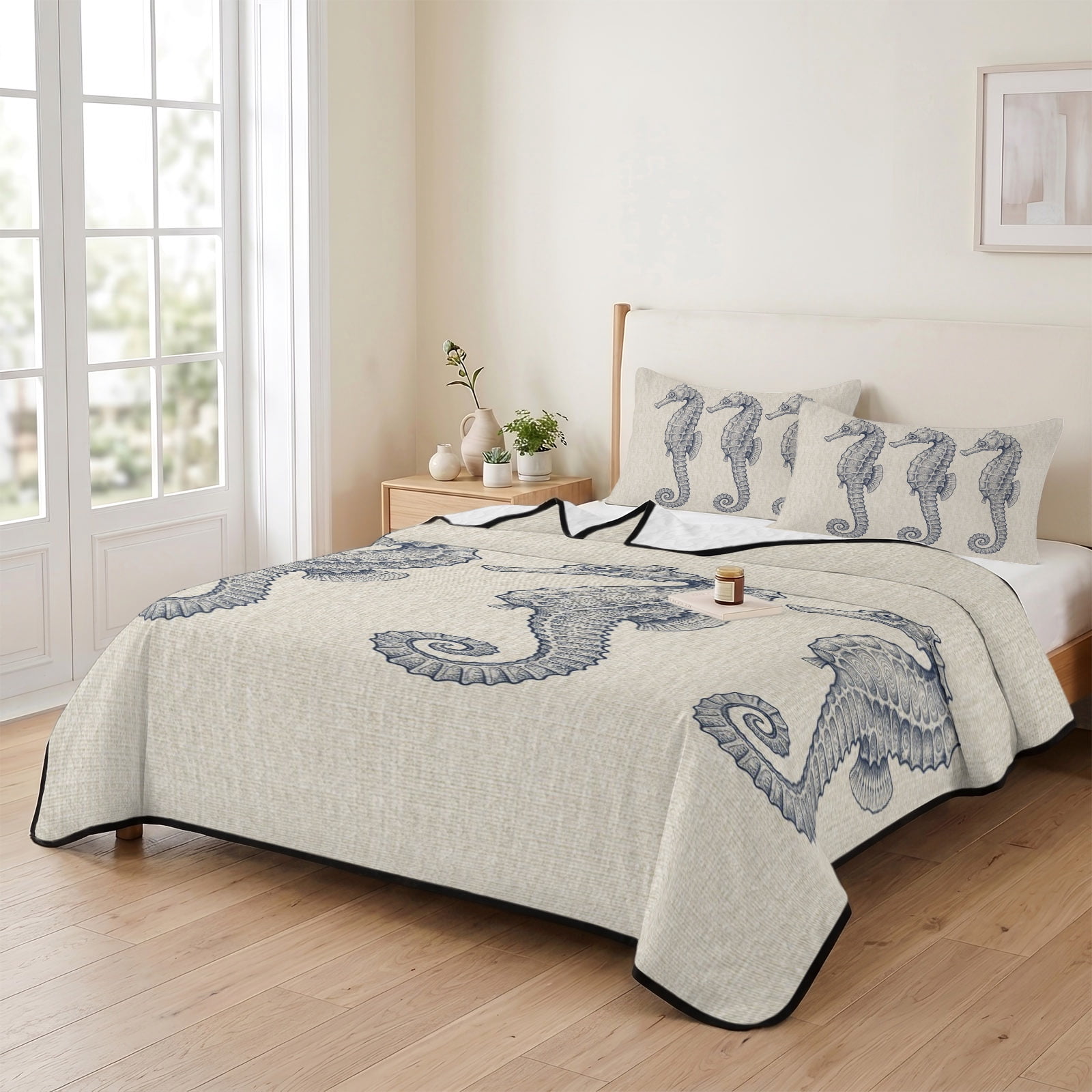 68x98in Quilt Bedding Set, Marine Life Seahorse on Burlap Lightweight ...