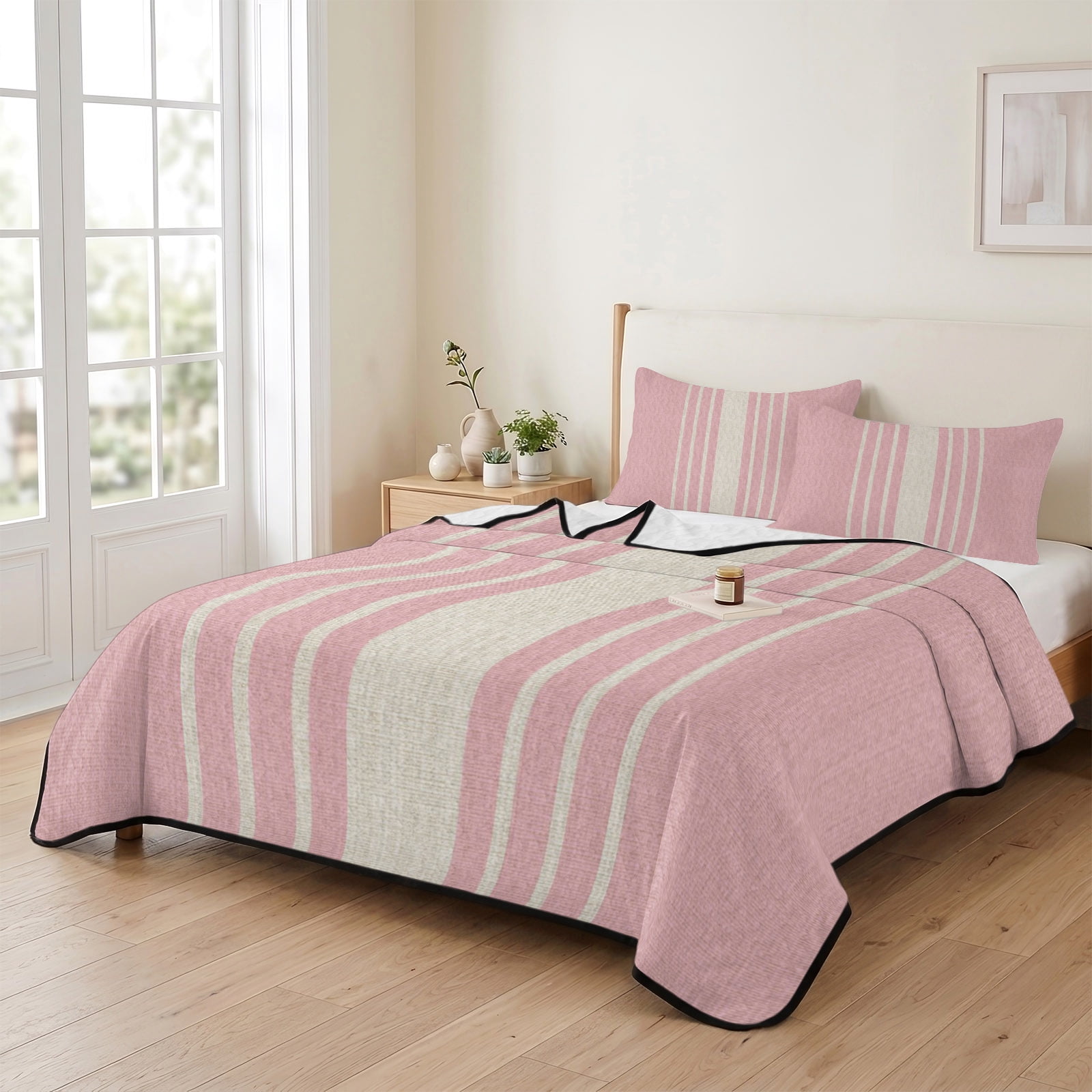 68x98in Quilt Bedding Set, Modern Vintage Stripe on Linen Lightweight ...