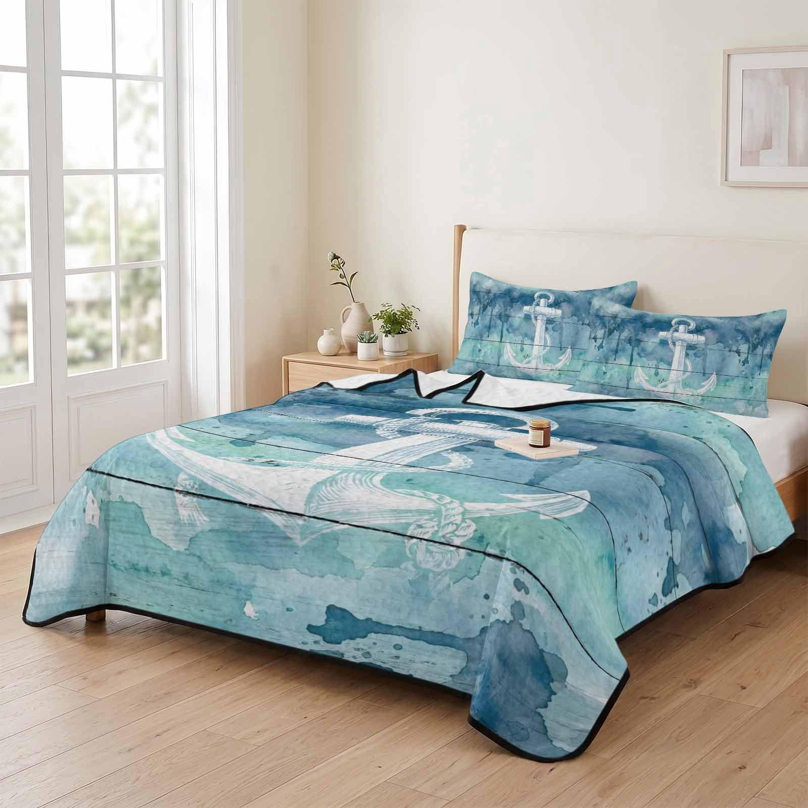 68x98in Quilt Bedding Set, Nautical White Anchor Silhouette Lightweight ...