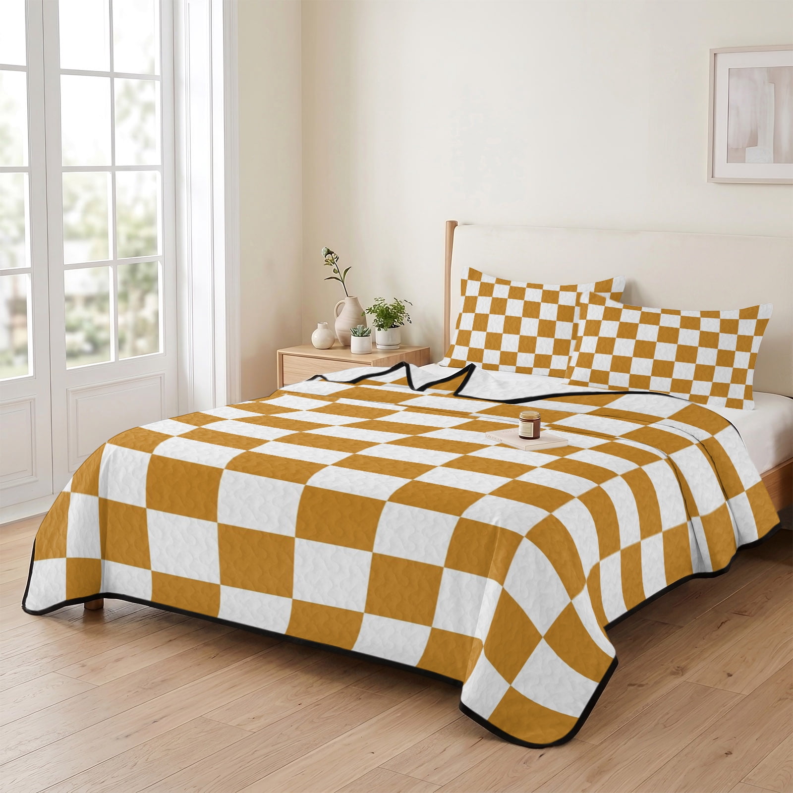 68x98in Quilt Bedding Set, Orange and White Checkered Lightweight ...