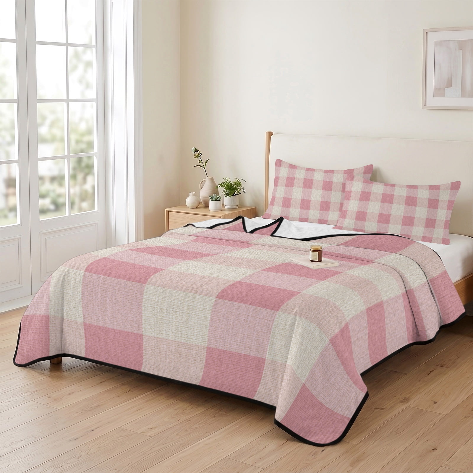 68x98in Quilt Bedding Set, Pastoral Pink Gingham Check Lightweight ...