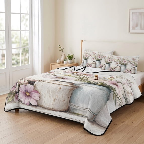 68x98in Quilt Bedding Set, Pink Camellias Lightweight Coverlet Summer ...