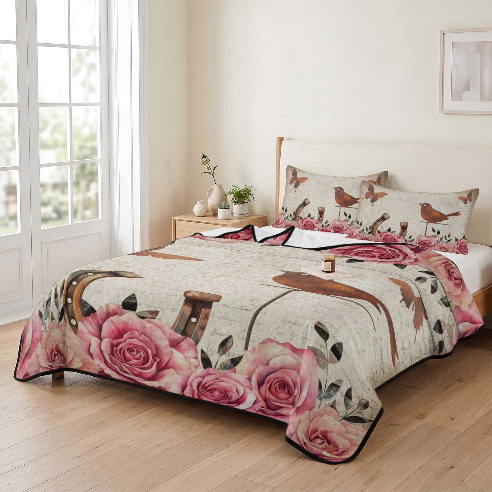 68x98in Quilt Bedding Set, Pink Rose Flower Birds on Vintage Letter ...