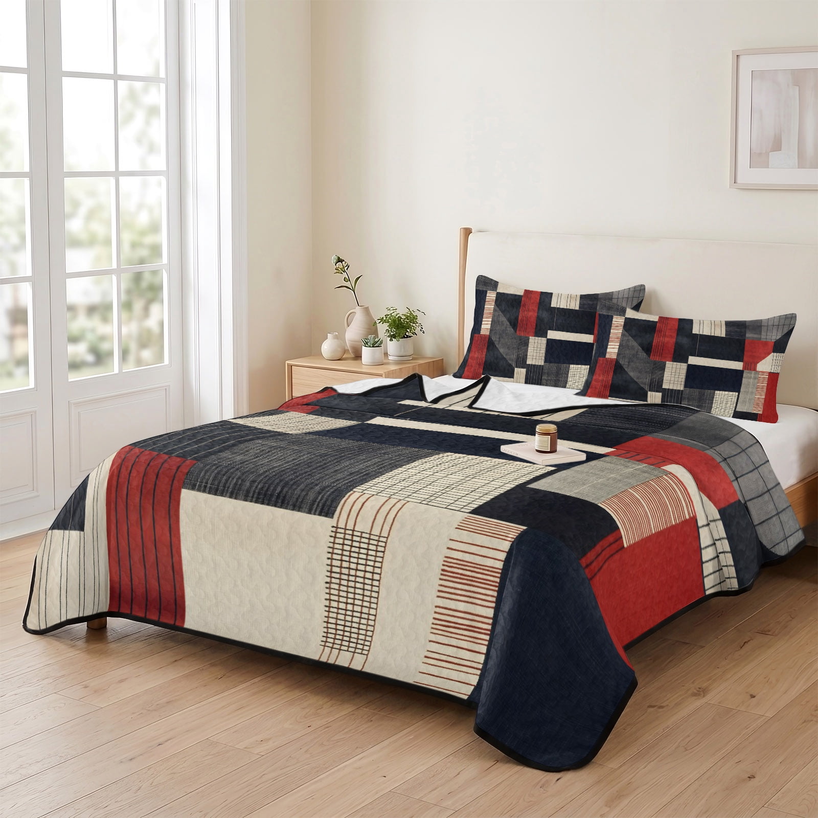 68x98in Quilt Bedding Set, Retro Geometric Square Texture Lightweight ...