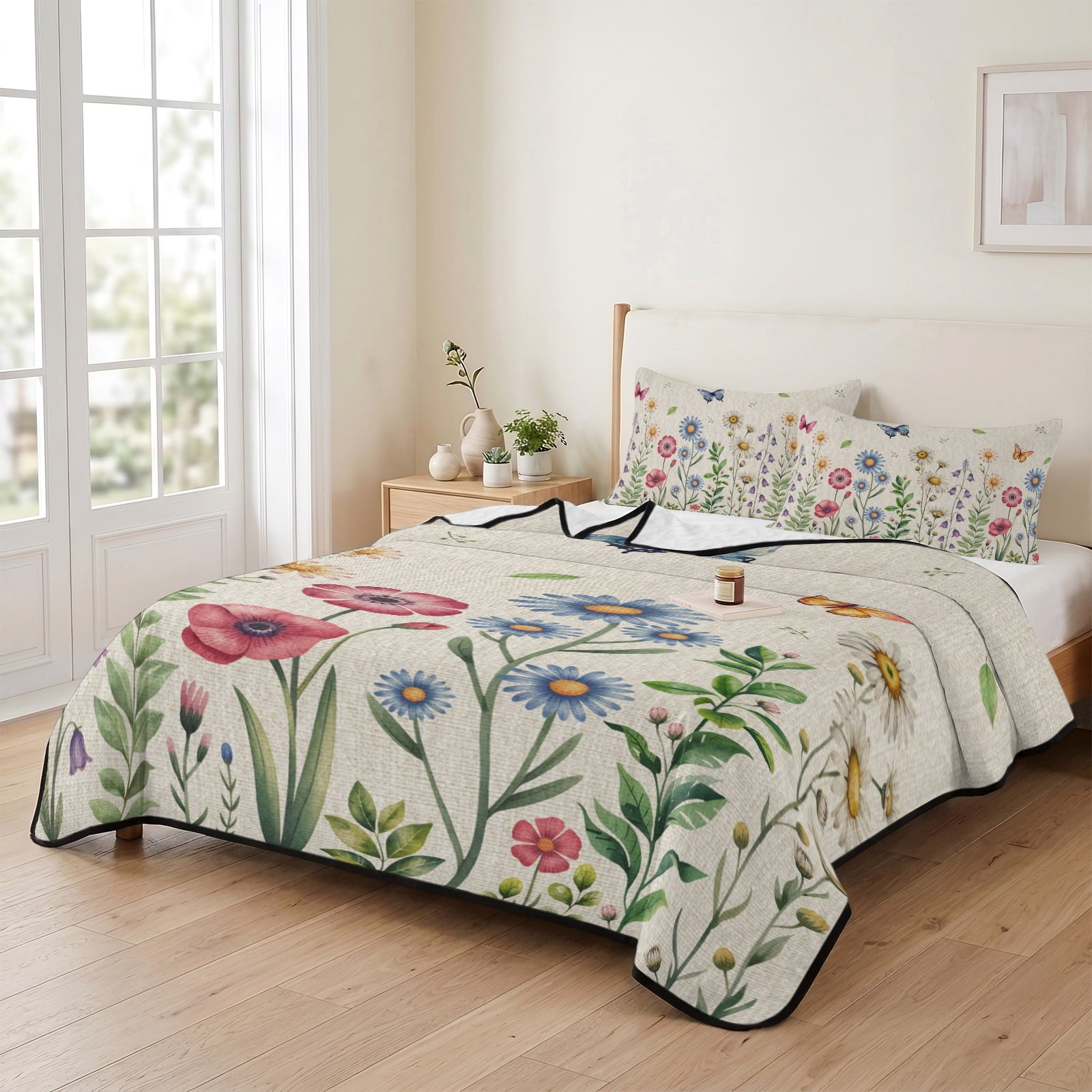 68x98in Quilt Bedding Set, Retro Pastoral Flower on Linen Lightweight ...