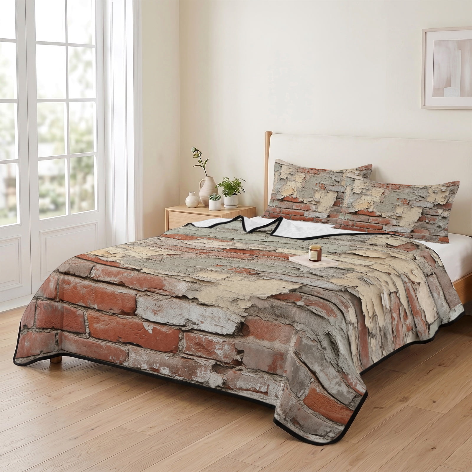 68x98in Quilt Bedding Set, Rustic Faded Shabby Brick Wall Lightweight ...