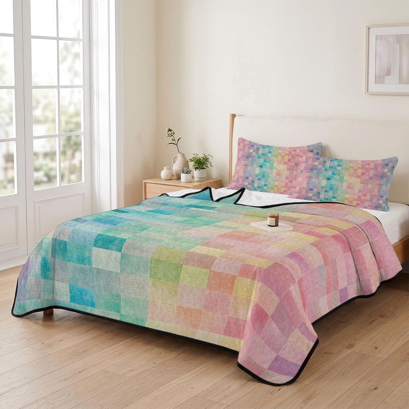 68x98in Quilt Bedding Set, Spring Colorful Plaid on Linen Texture ...