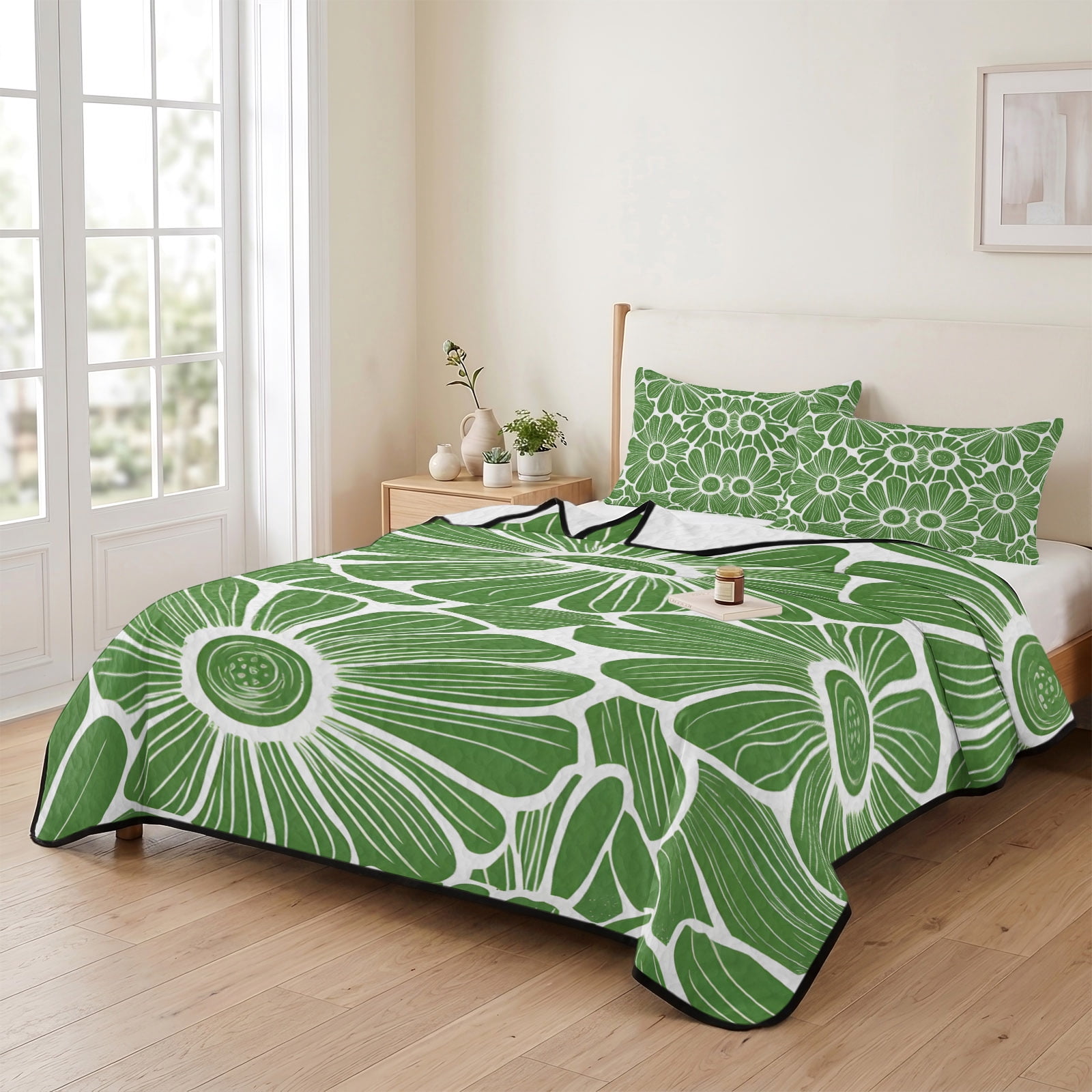 68x98in Quilt Bedding Set, Spring Green Flower Leaf Texture Lightweight ...