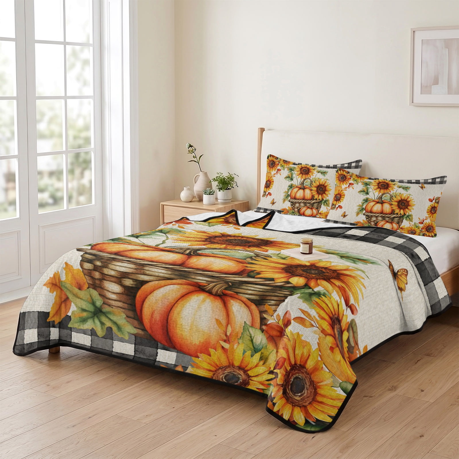 68x98in Quilt Bedding Set, Thanksgiving Fall Pumpkin Sunflower ...