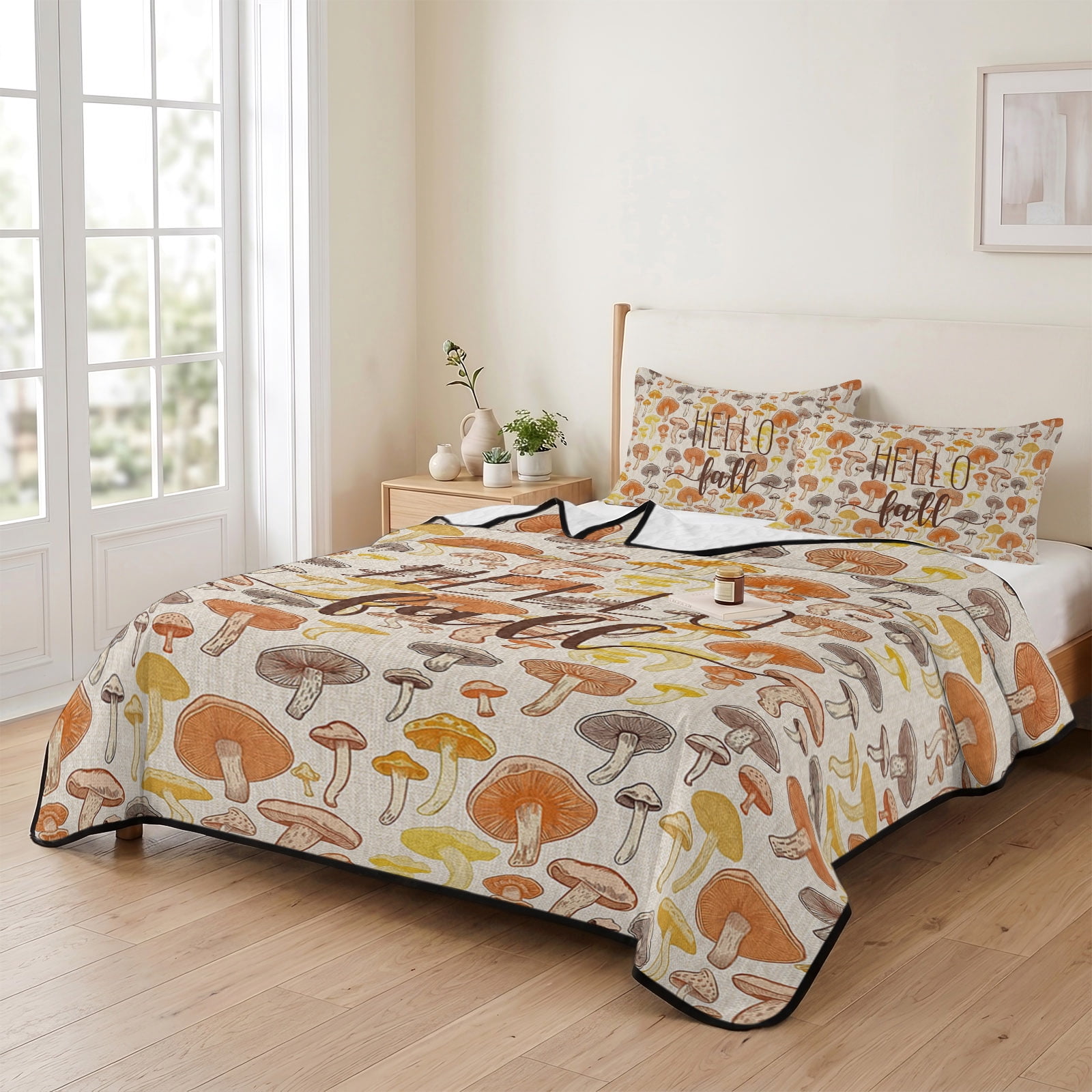 68x98in Quilt Bedding Set, Thanksgiving Natural Fall Mushroom Plant ...
