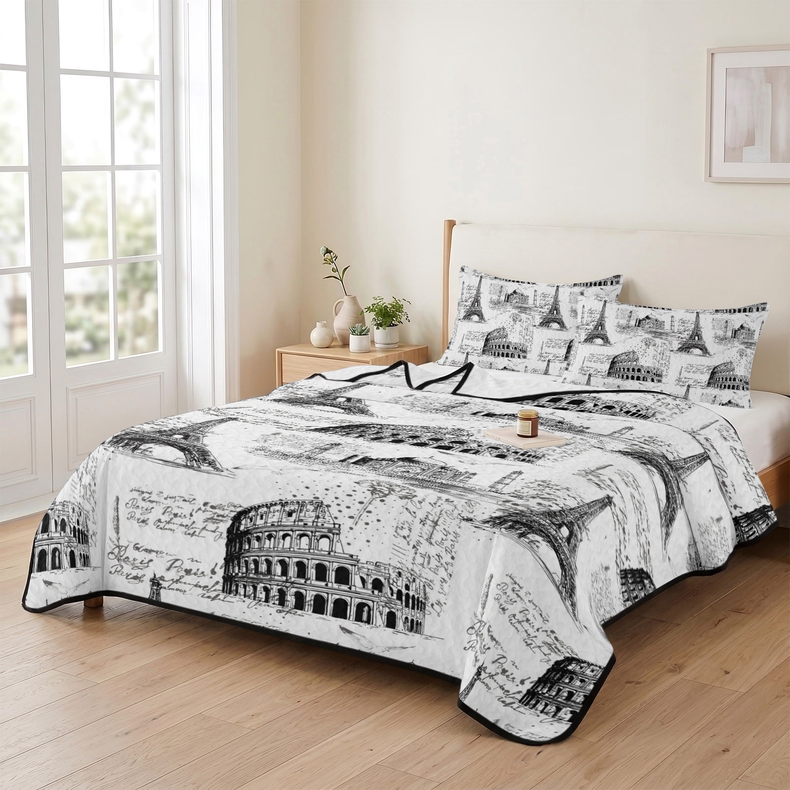 68x98in Quilt Bedding Set, Vintage European Landmarks Lightweight ...
