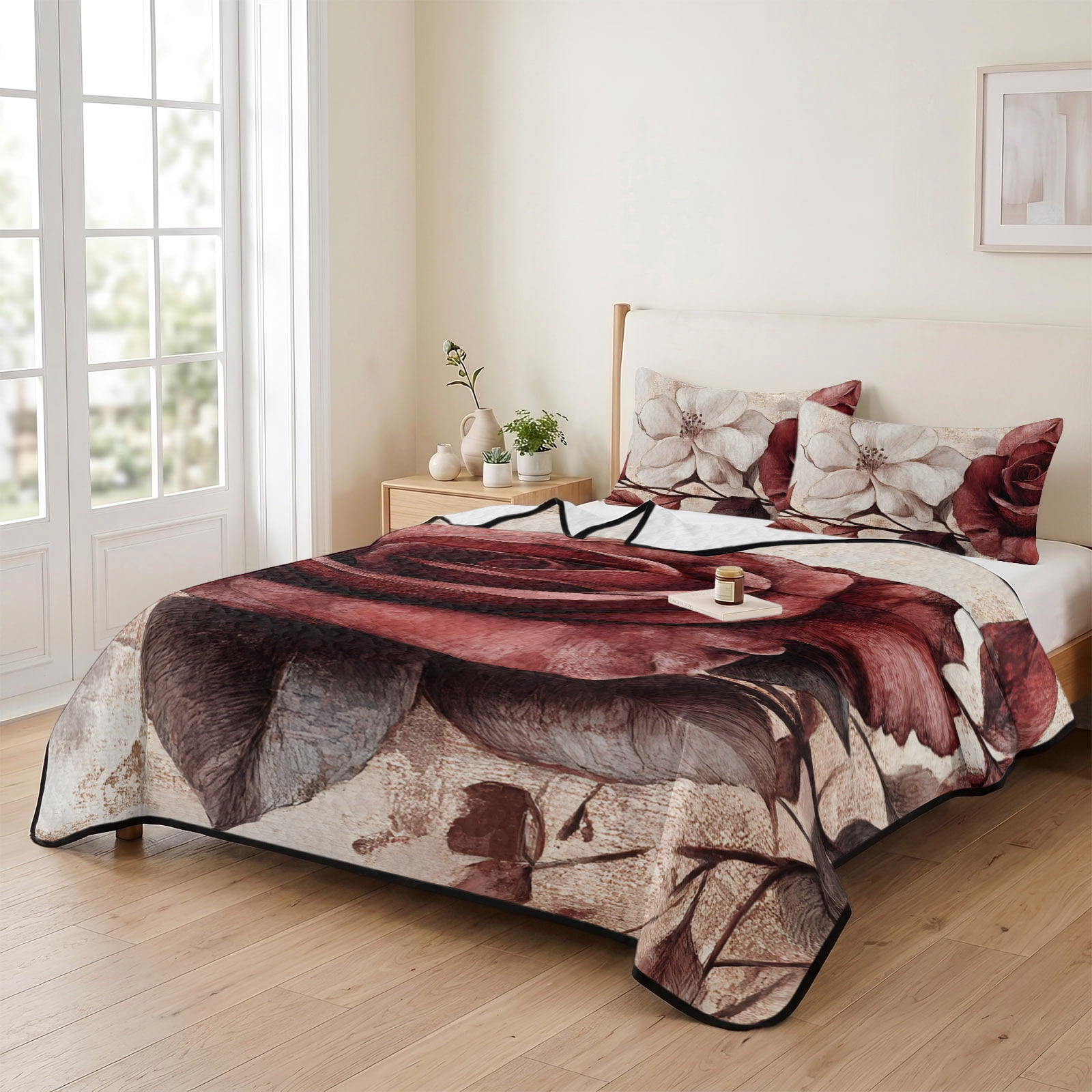 68x98in Quilt Bedding Set, Vintage Watercolor Flower Lightweight ...