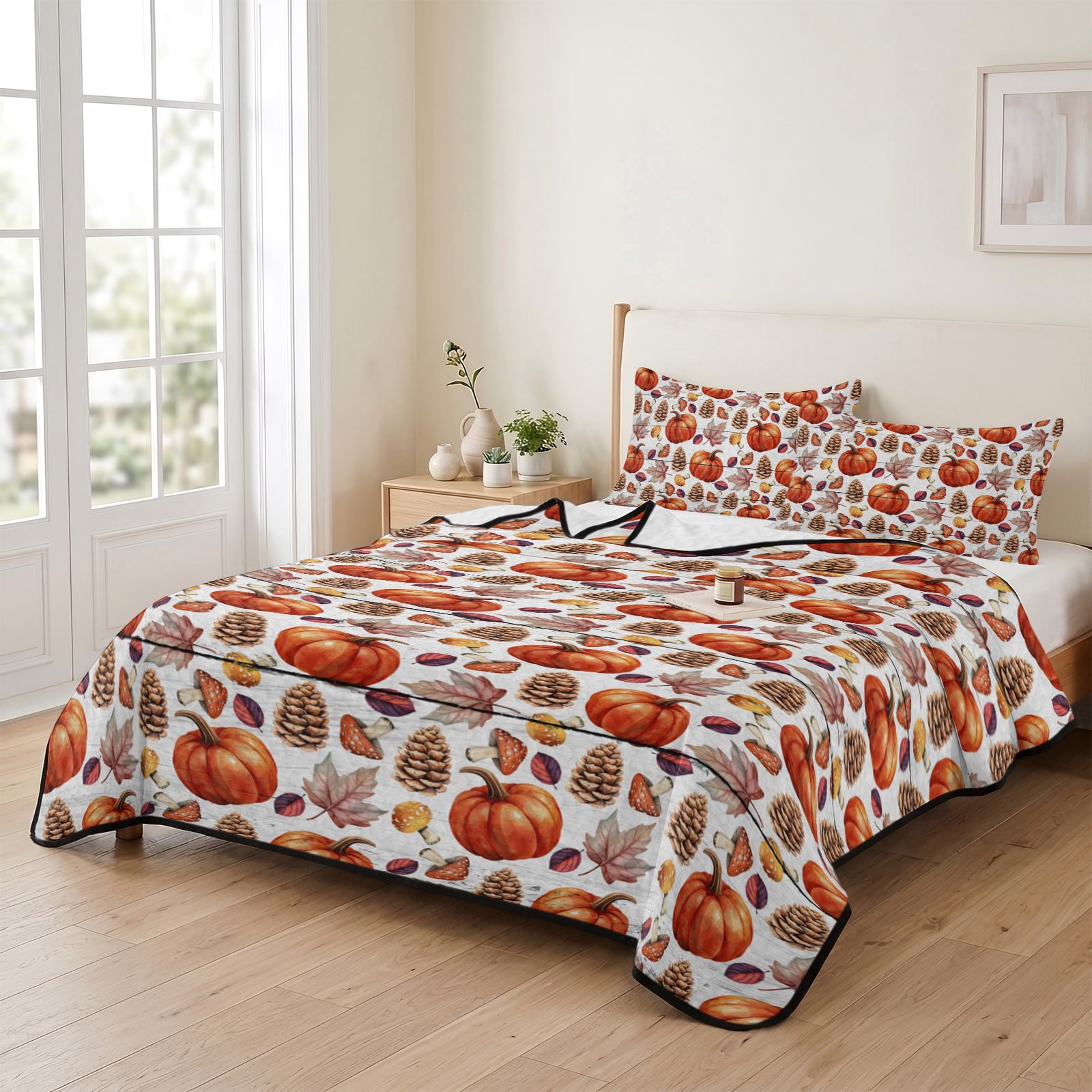 68x98in Quilt Bedding Set, Watercolor Autumn Pumpkin Lightweight ...