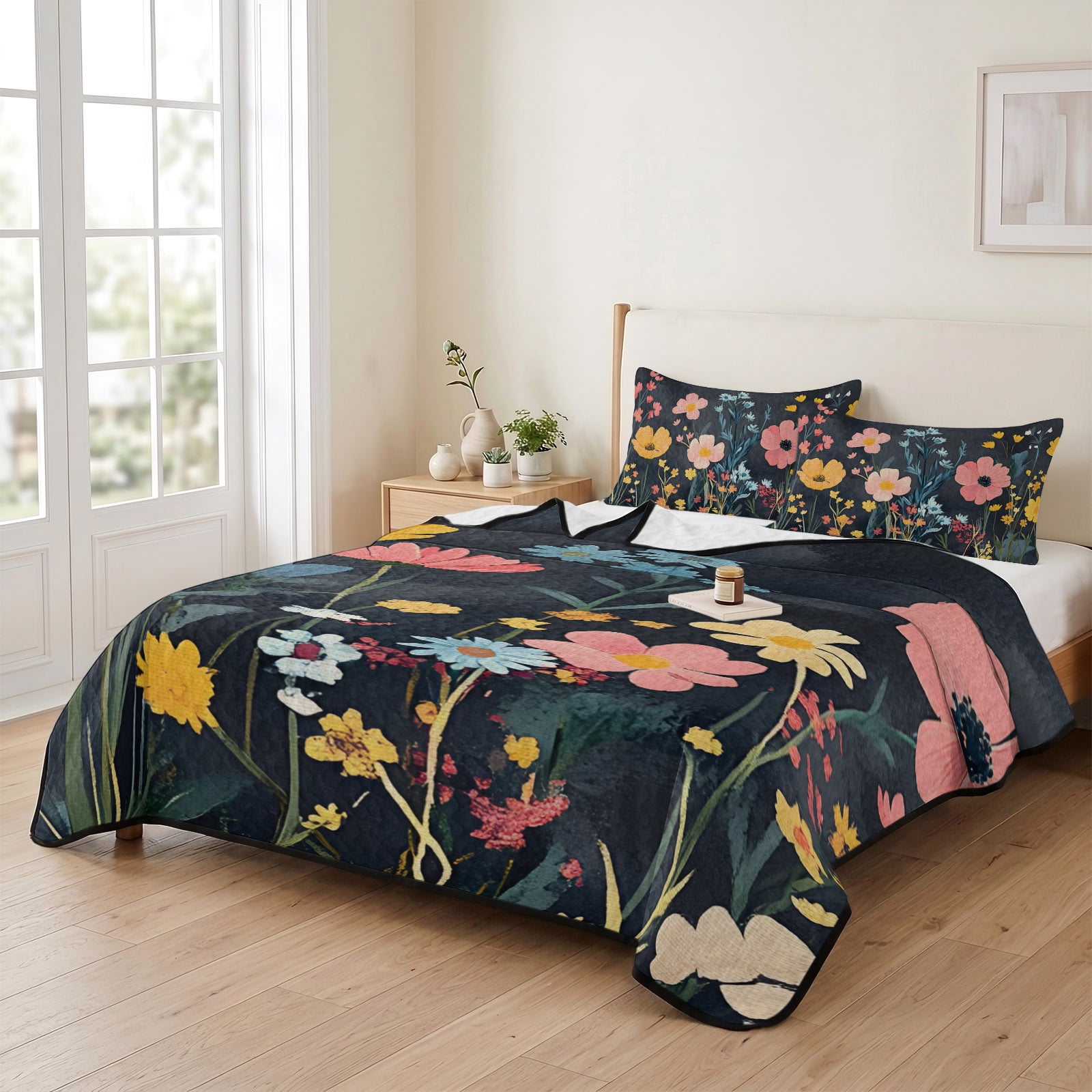 68x98in Quilt Bedding Set, Watercolor Flowers on Black Lightweight ...
