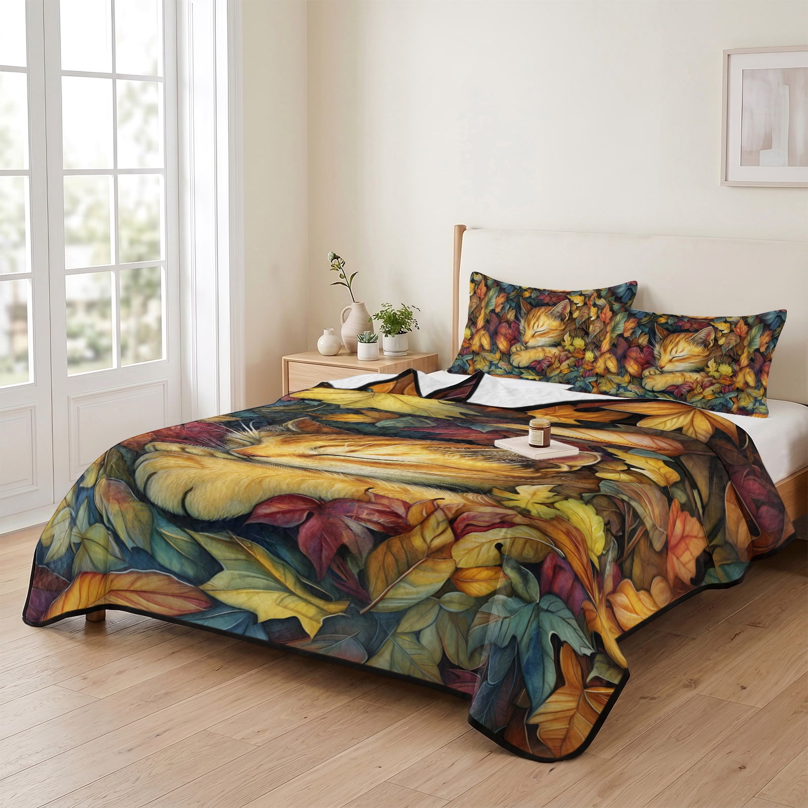 68x98in Quilt Bedding Set, Watercolor Pastoral Cat Lightweight Coverlet ...