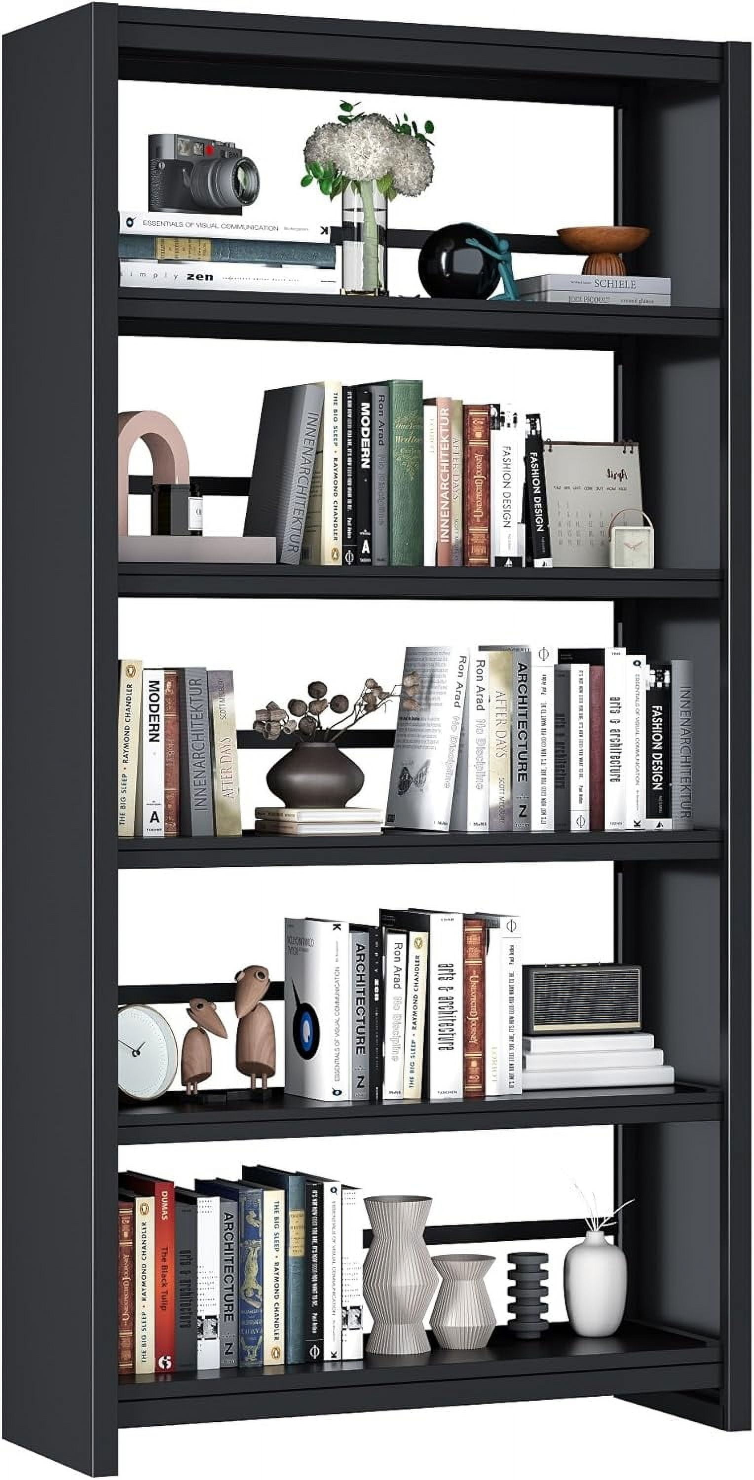 69.3" Black Bookshelf, Metal Bookshelves and Bookcases, 5-Shelf Tall ...