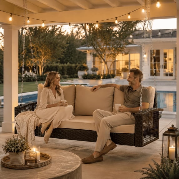 69" 3-Person PE Wicker Porch Swing with Heavy-Duty Chains, All-Weather ...