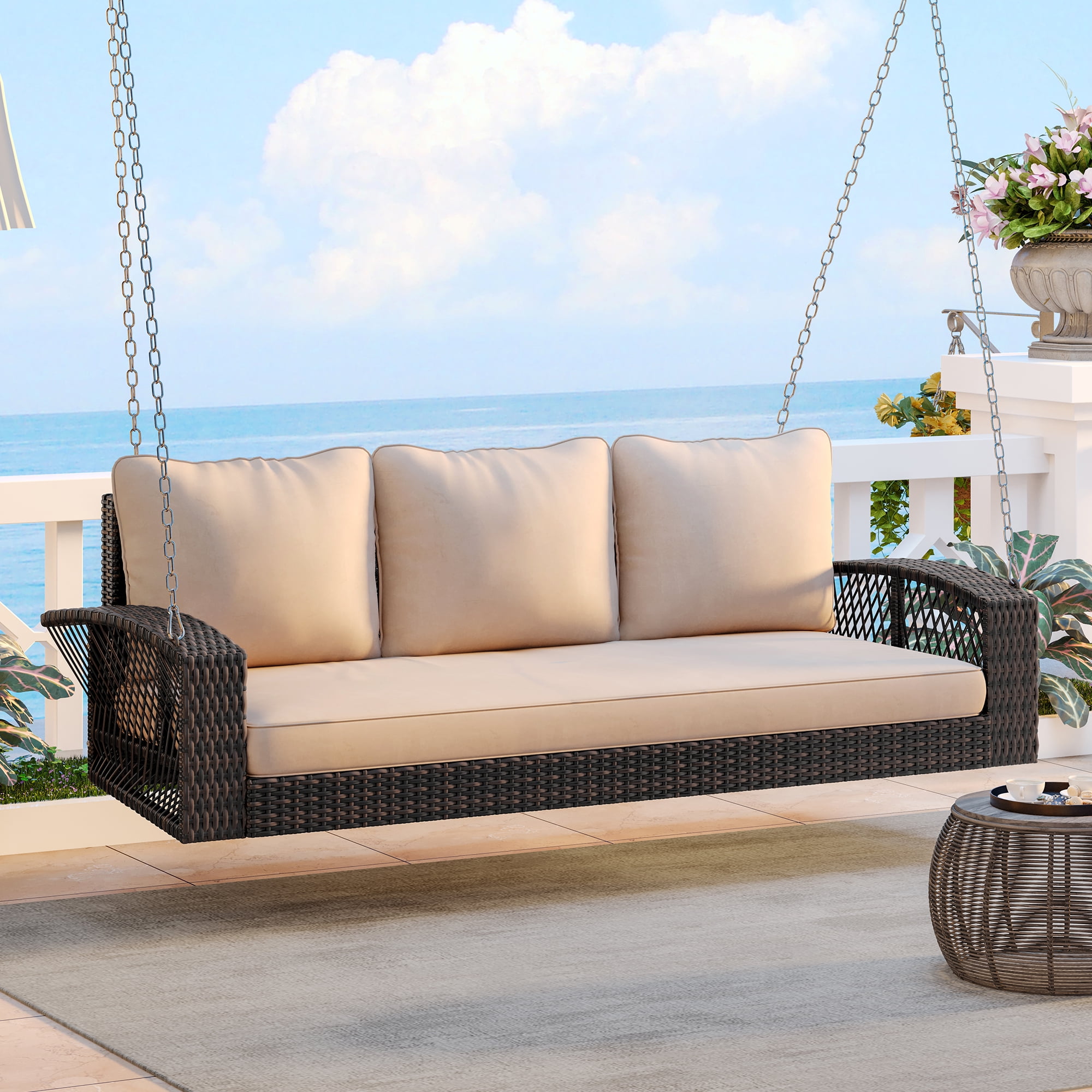 69" 3 Seat Porch Swing, PE Wicker Patio Swing with Chains and Cushions ...