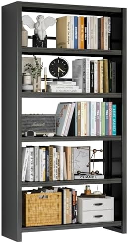 69.3" Tall Bookcase, Metal Bookshelf, Black 5-Tier Bookshelves and ...