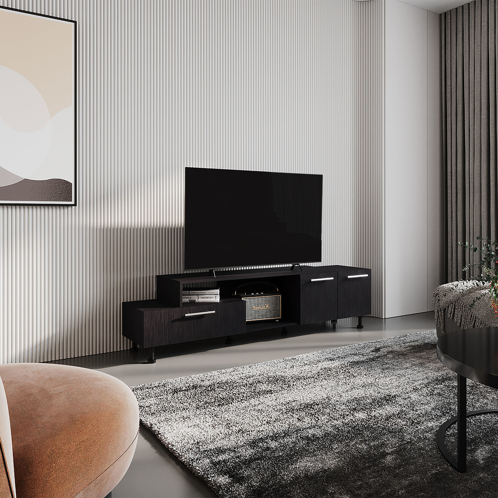 69.3 in Wide MDF Two-Tier Black TV Stand | Stylish and Stable for TVs ...
