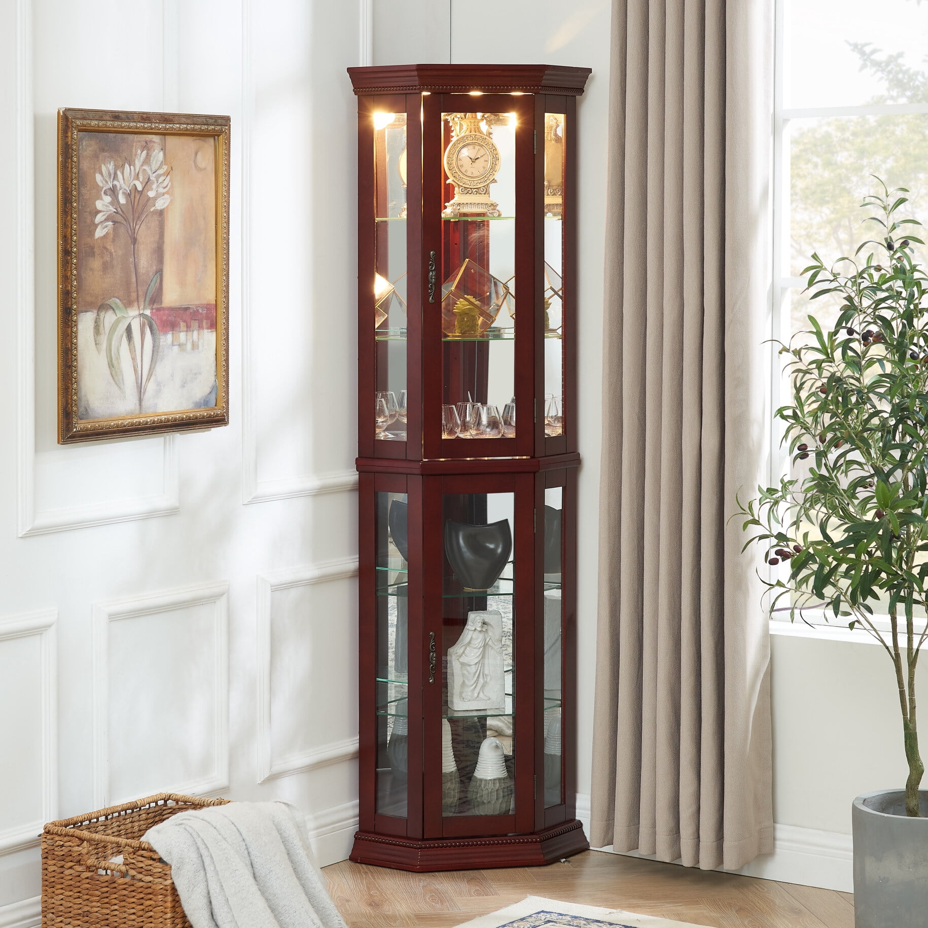 69.75" Tall Storage Cabinet, Modern Freestanding Corner Curio Cabinet ...