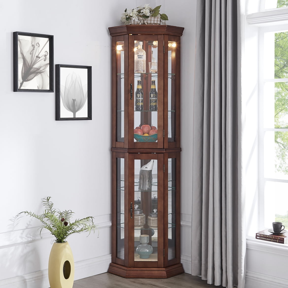 Corner Curio Cabinet with Lights, Adjustable Tempered Glass Shelves ...