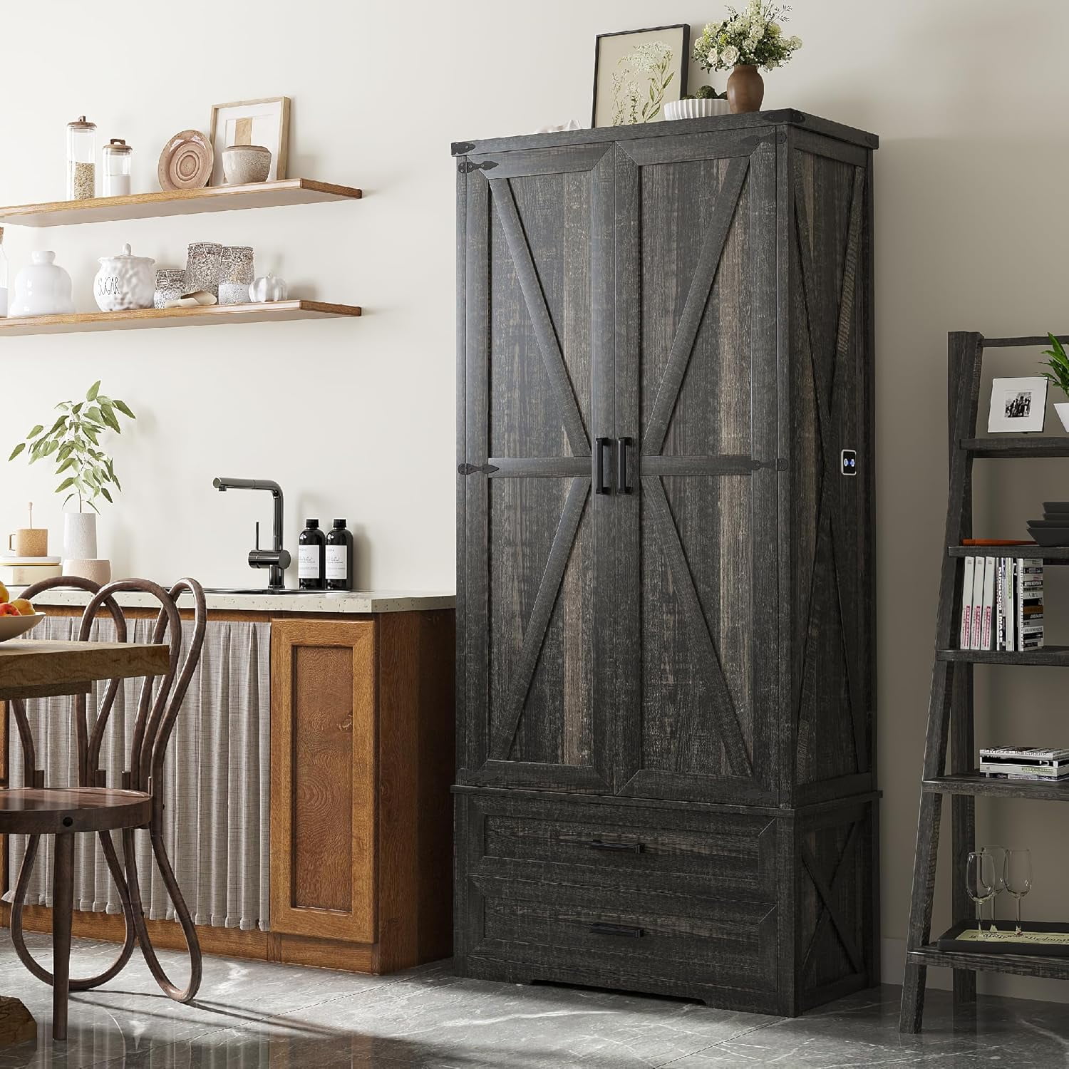 69" Farmhouse Kitchen Pantry Cabinet with Drawer, Tall Storage Cabinet with 2 Barn Doors and ...