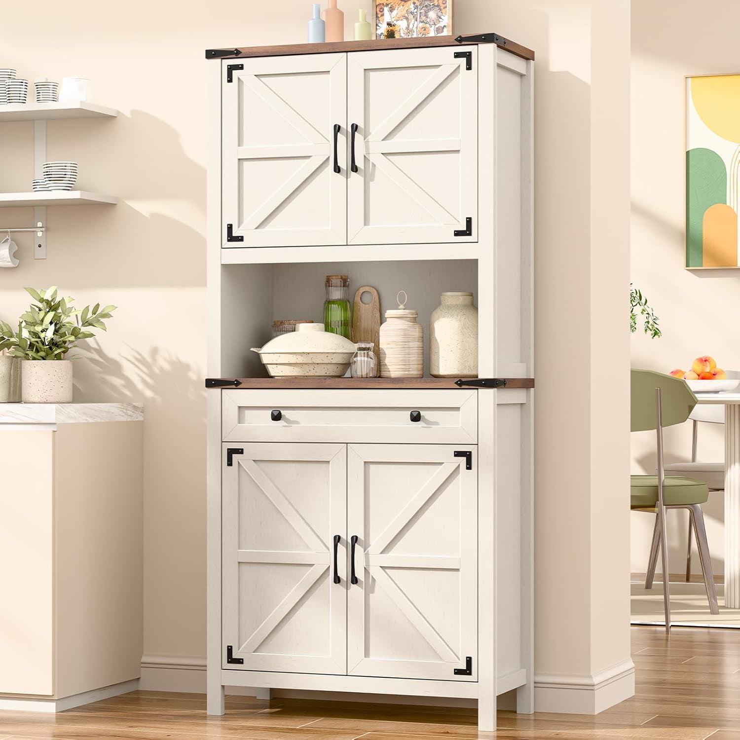 69" Farmhouse Storage Cabinet with Drawer, 6-Tier Tall Kitchen Pantry ...