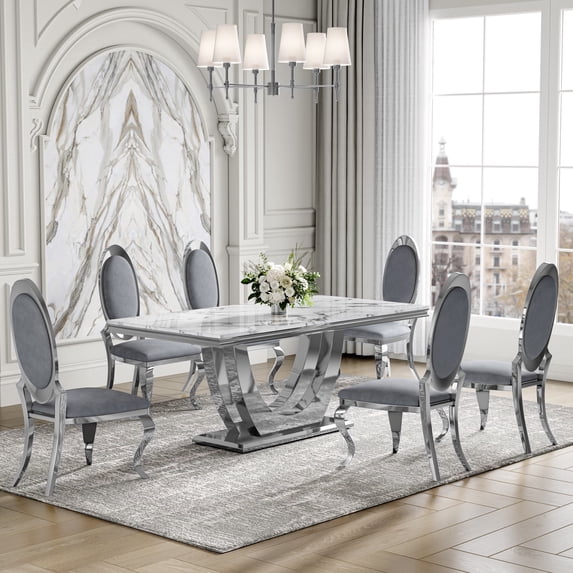 69" Faux Marble Dining Table Set for 6, Dual U-Shaped Legs & 6 Velvet ...