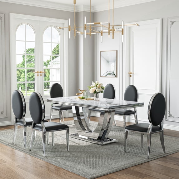 69" Faux Marble Dining Table Set for 6, Rectangular Kitchen Table with ...