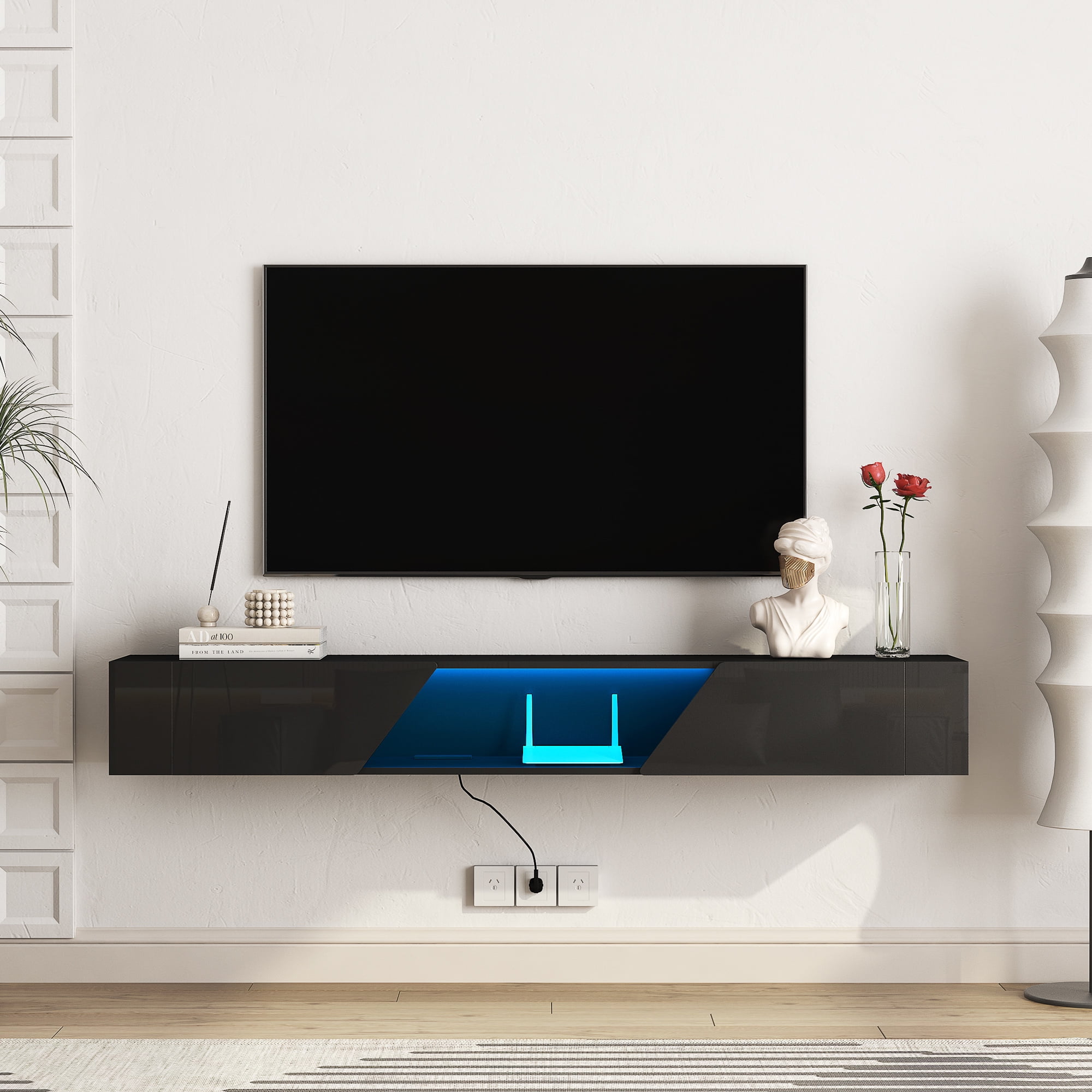 69" Floating LED TV Stand – Black Wall-Mounted Media Console for 65 ...