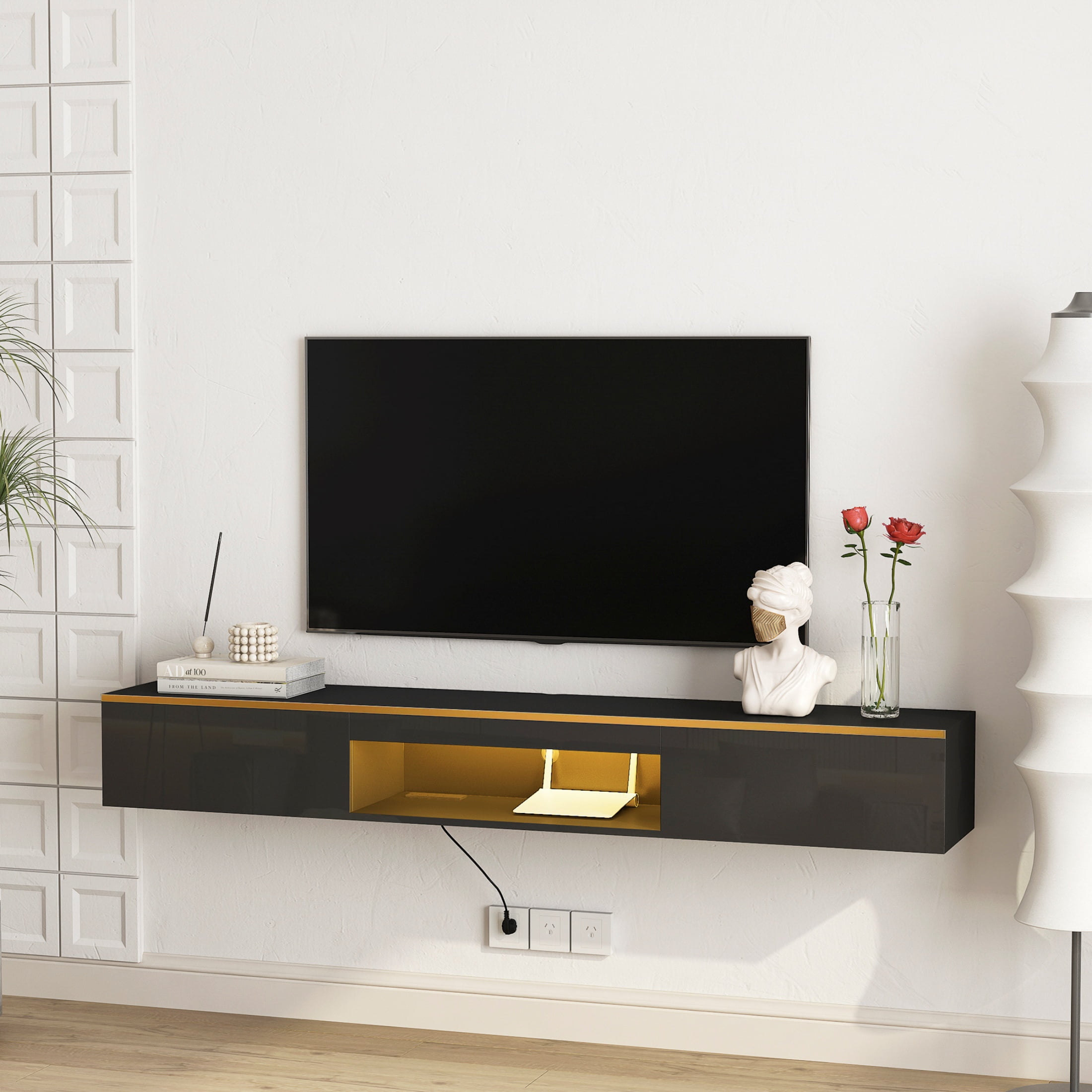 69" Floating LED TV Stand – Black Wall-Mounted Media Console with 16 ...