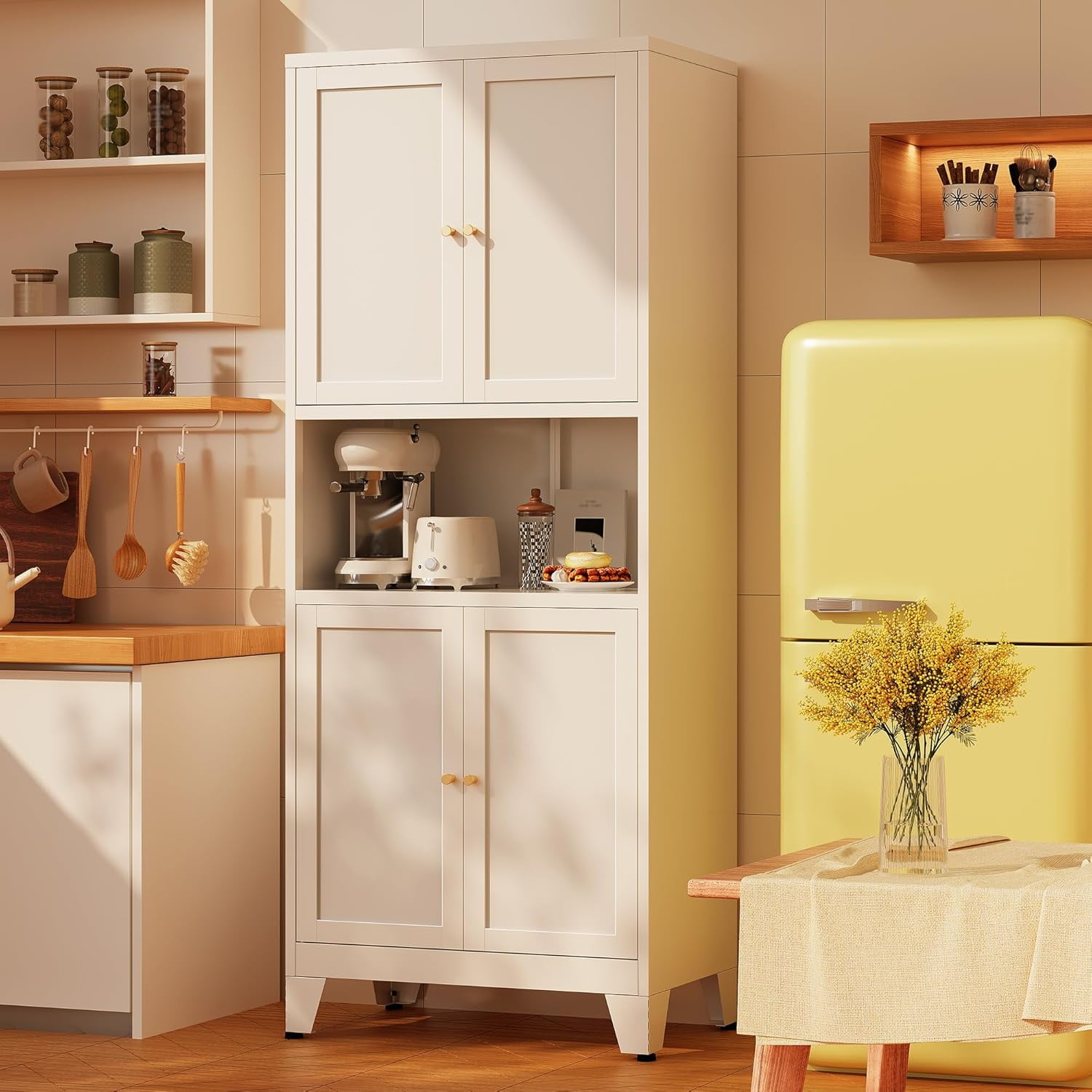 69"H Kitchen Pantry Cabinet with Countertop and Microwave Shelf,Metal ...