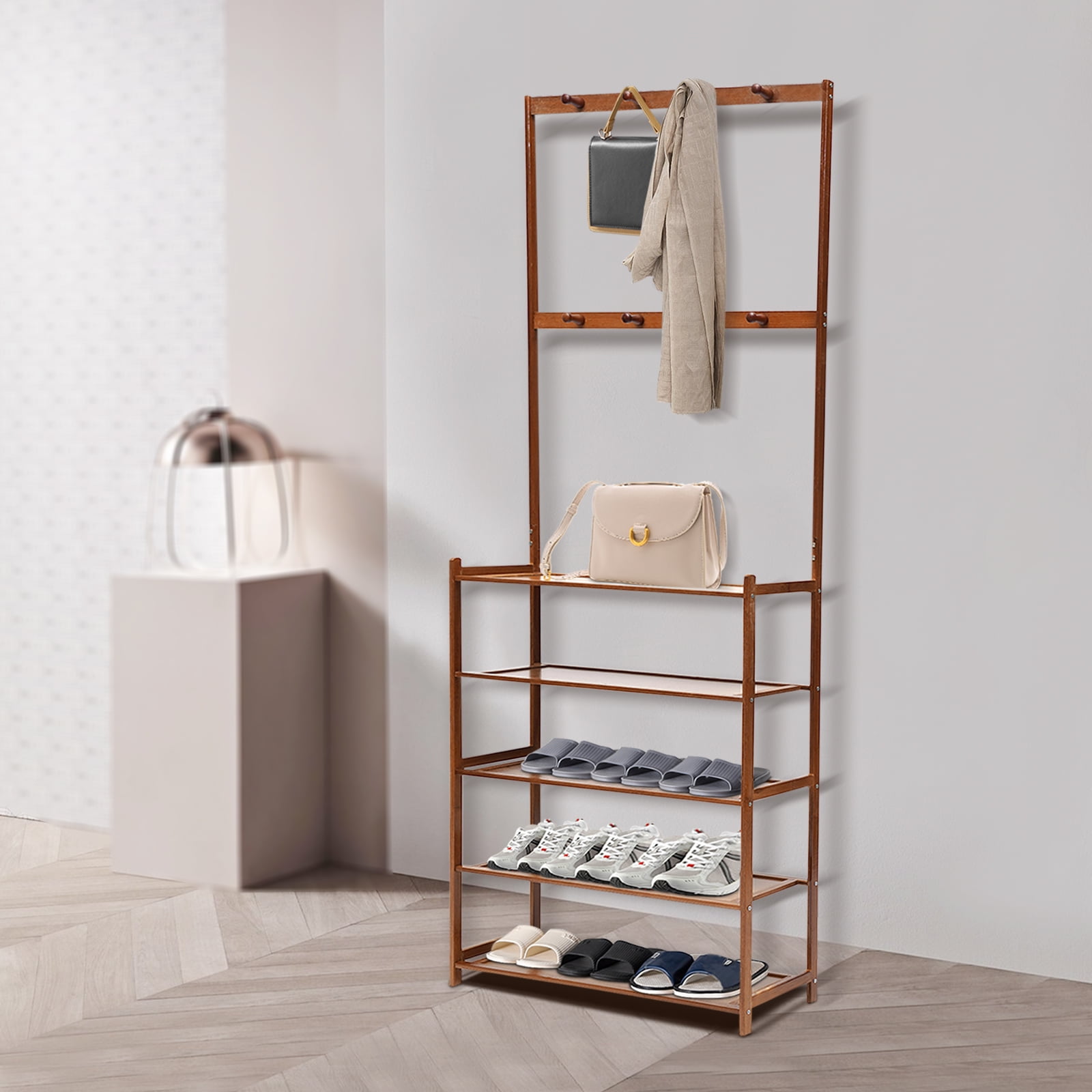 69" Hat and Coat Stand Entryway Hallway Shoe Rack with 8Hooks and 5 ...