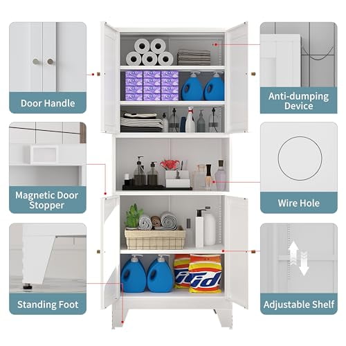 69" High Bathroom Storage Cabinet, Modern Metal Pantry with Microwave ...