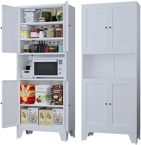 69" High Bathroom Storage Cabinet, Modern Metal Pantry with Microwave ...