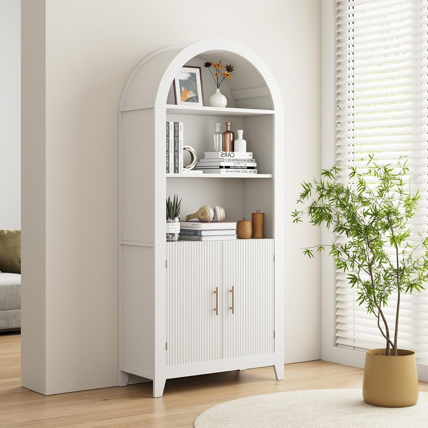 69-Inch Arched Bookcase with Fluted Doors and Open Storage Shelves for ...